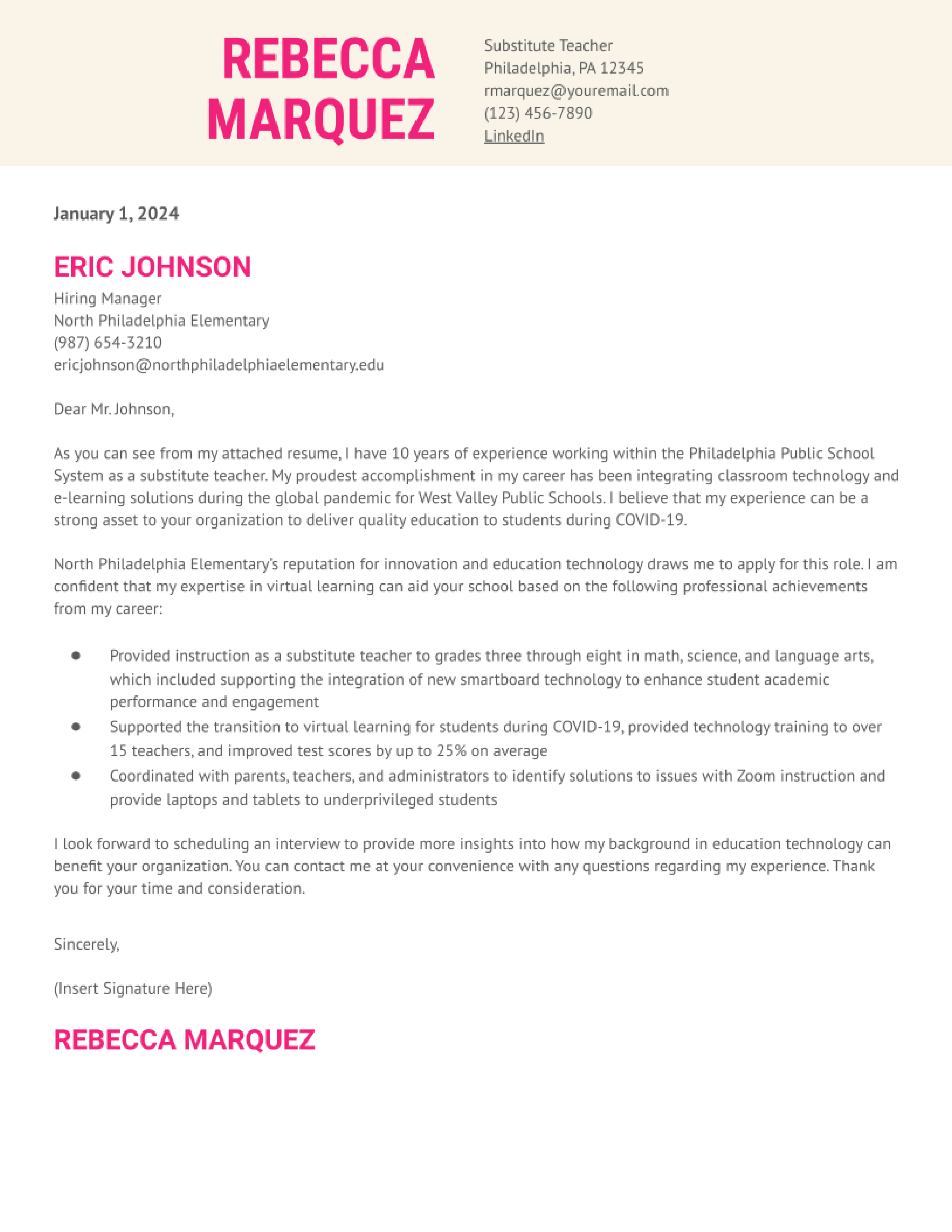 Substitute Teacher Cover Letter Examples and Templates for 2024 ...