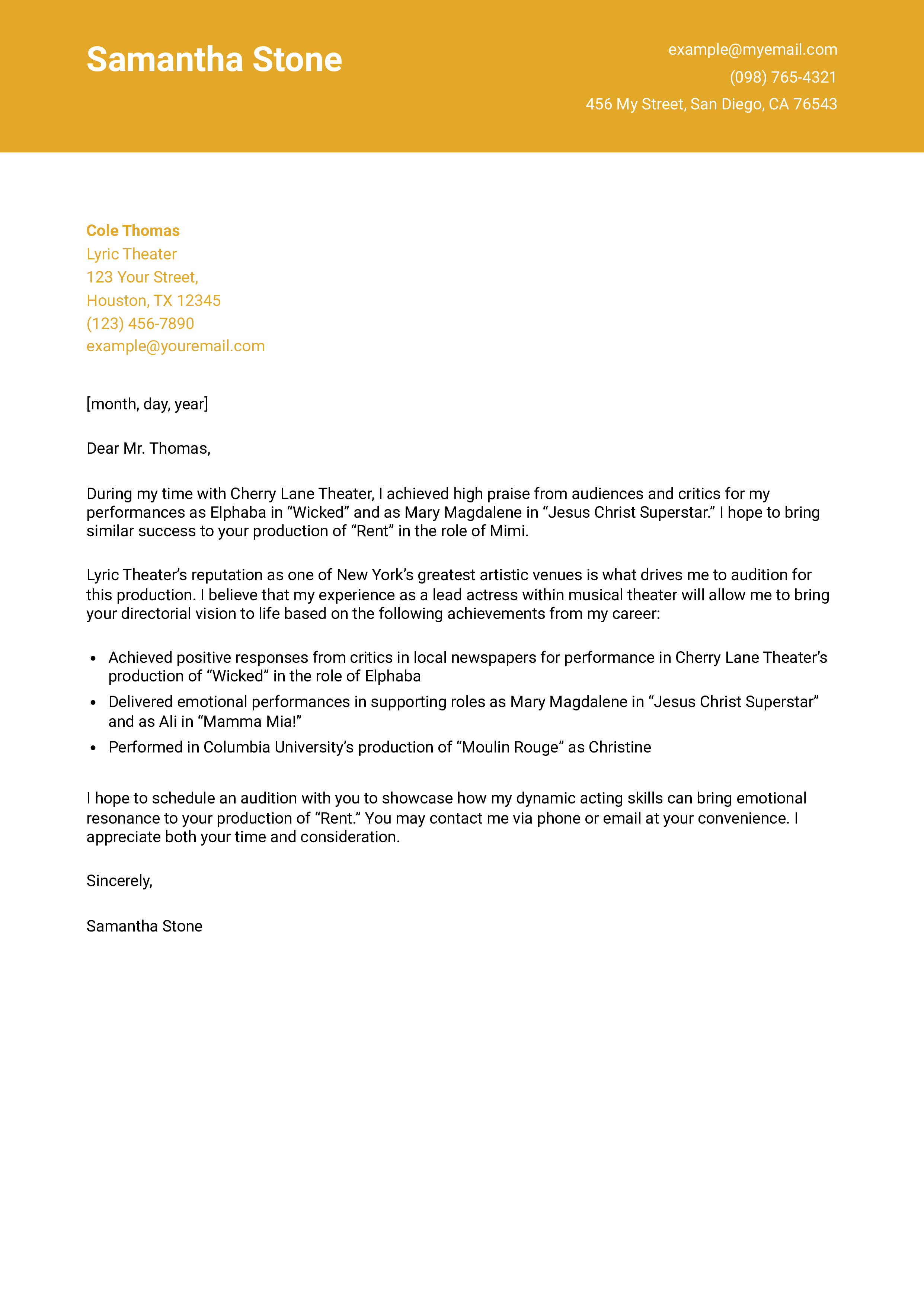 Acting Cover Letter Examples and Templates for 2024 - ResumeBuilder.com