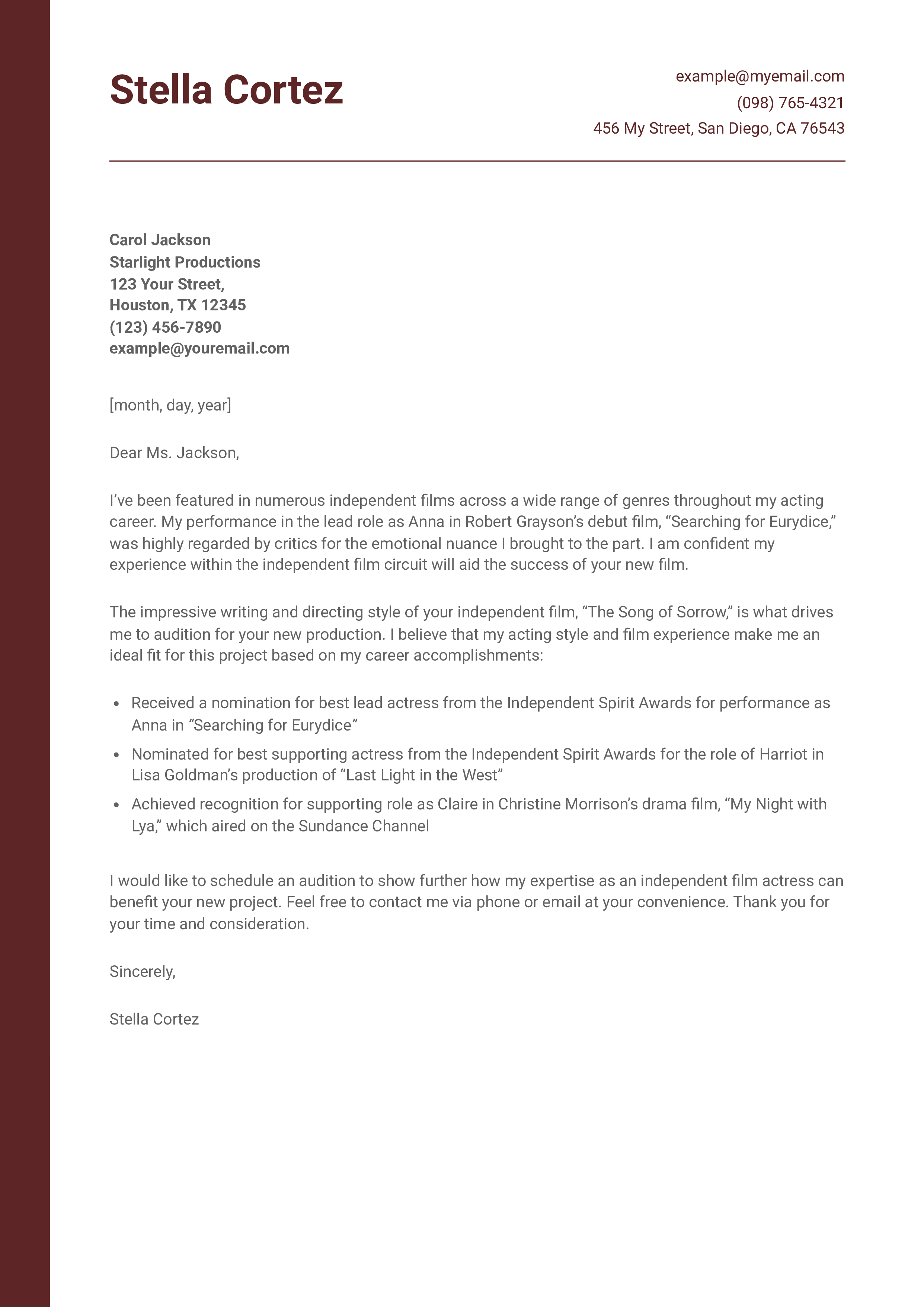 Acting Cover Letter Examples and Templates for 2024 - ResumeBuilder.com