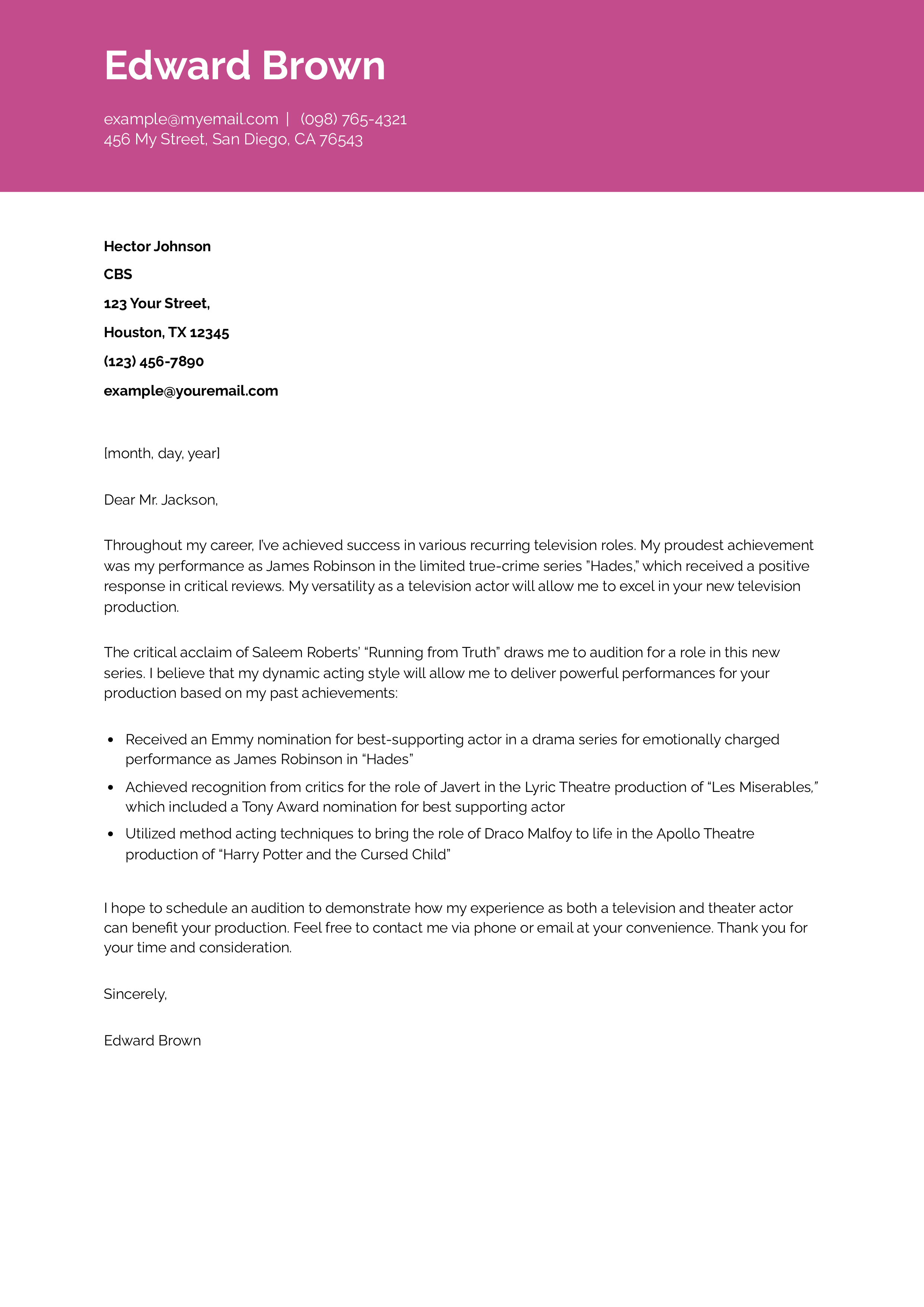 Acting Cover Letter Examples and Templates for 2024 - ResumeBuilder.com