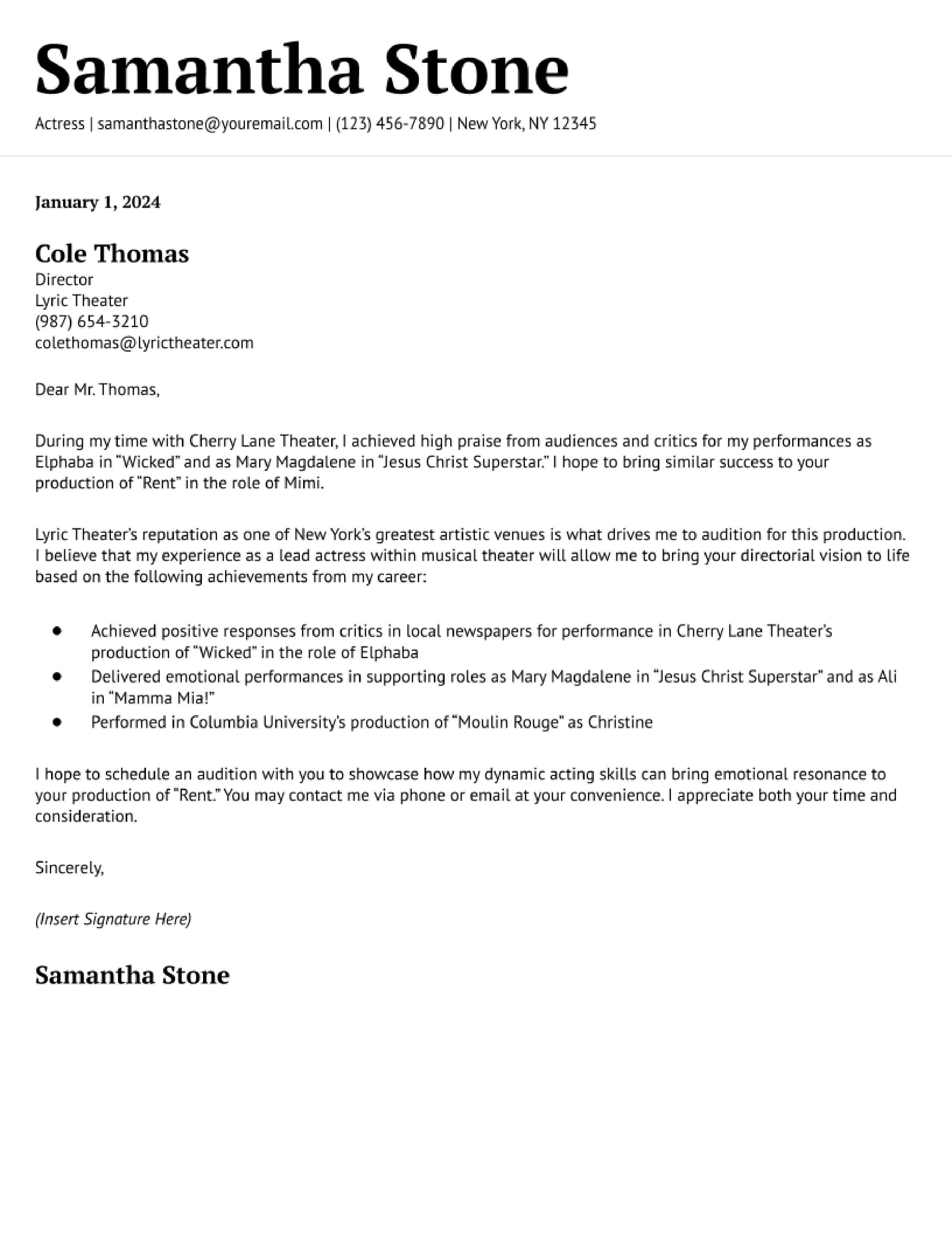 Acting Cover Letter Examples and Templates for 2024 - ResumeBuilder.com