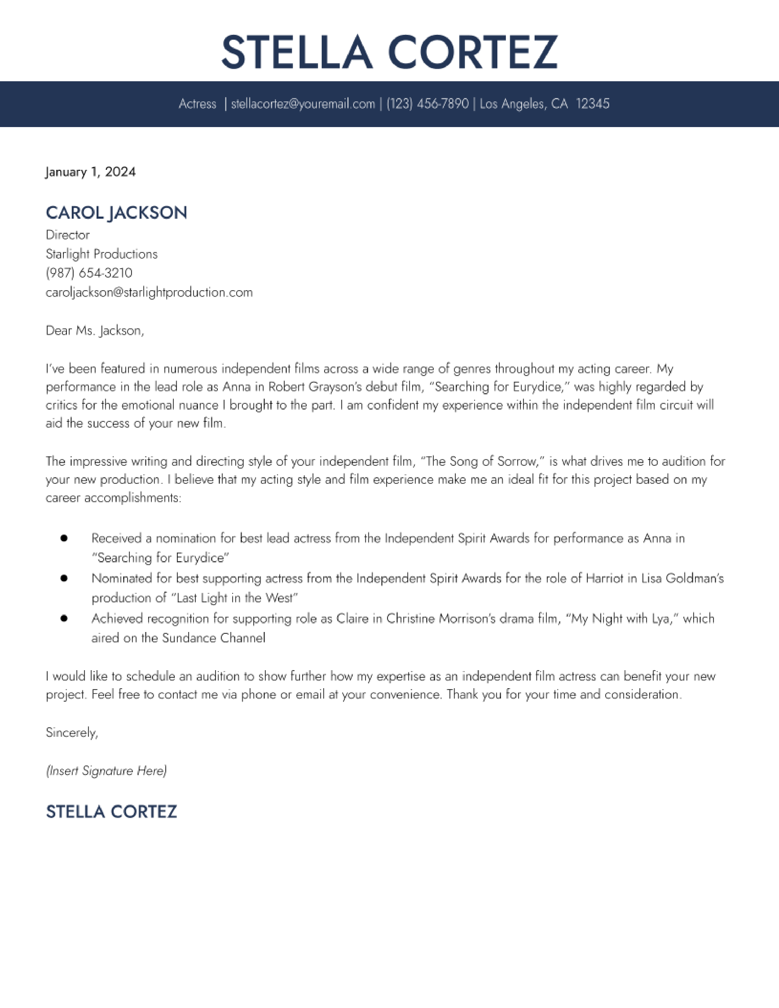 Acting Cover Letter Examples and Templates for 2024 - ResumeBuilder.com