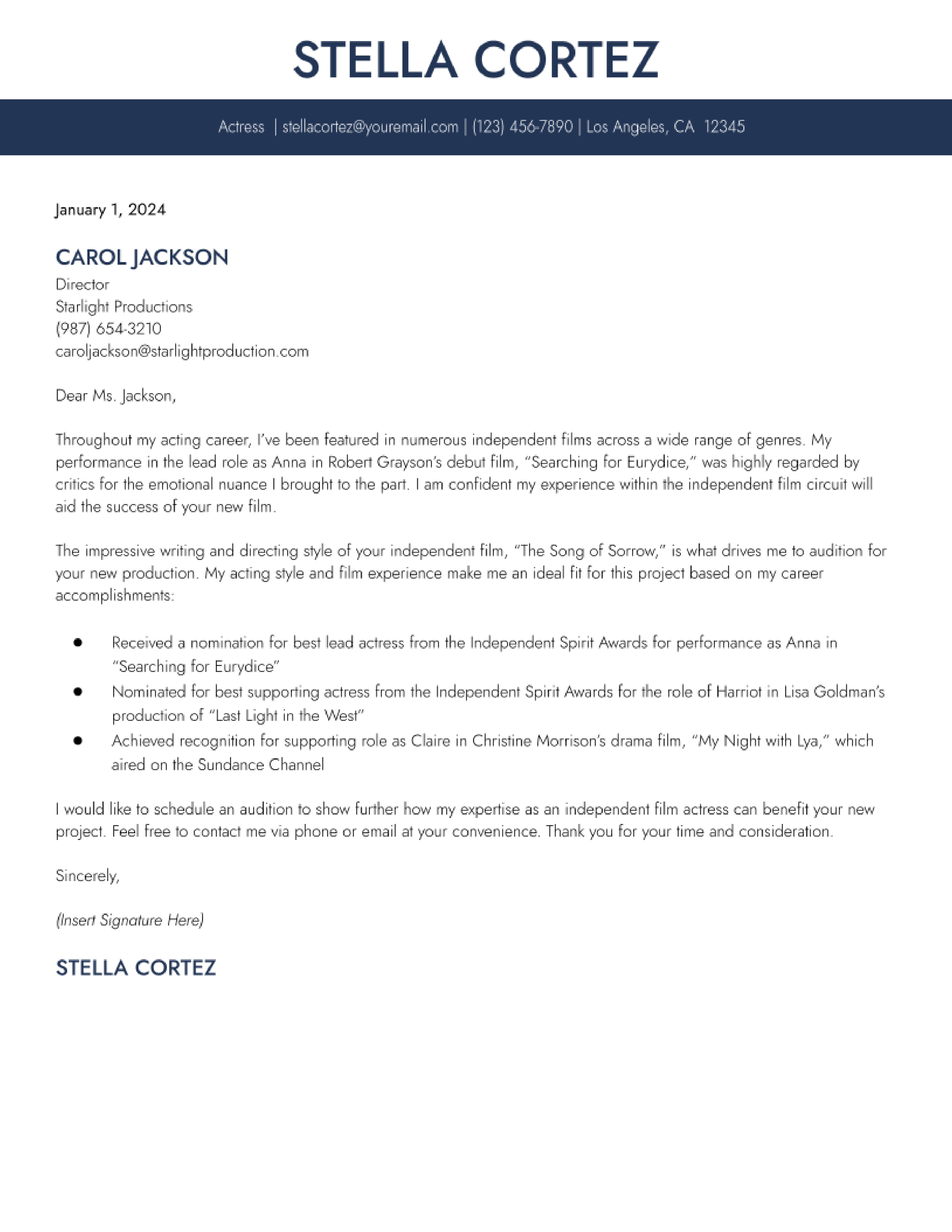 Acting Cover Letter Examples and Templates for 2024 - ResumeBuilder.com