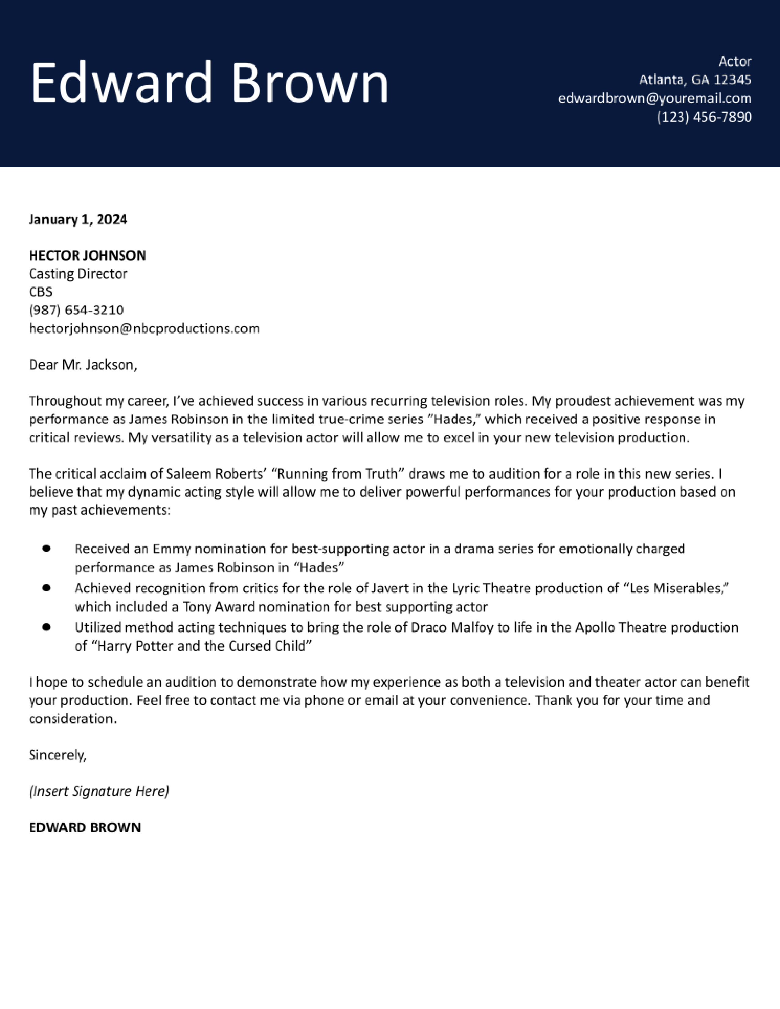 Acting Cover Letter Examples and Templates for 2024 - ResumeBuilder.com