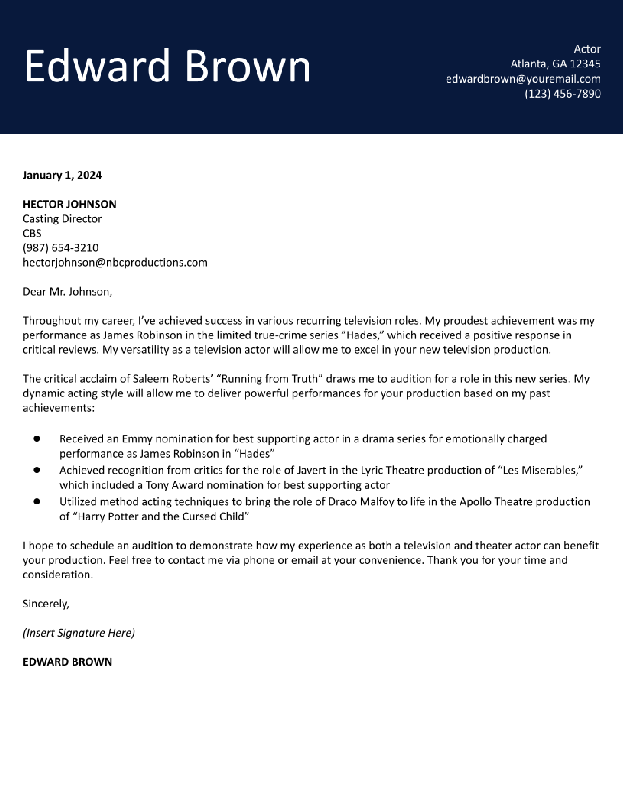 Acting Cover Letter Examples and Templates for 2024 - ResumeBuilder.com