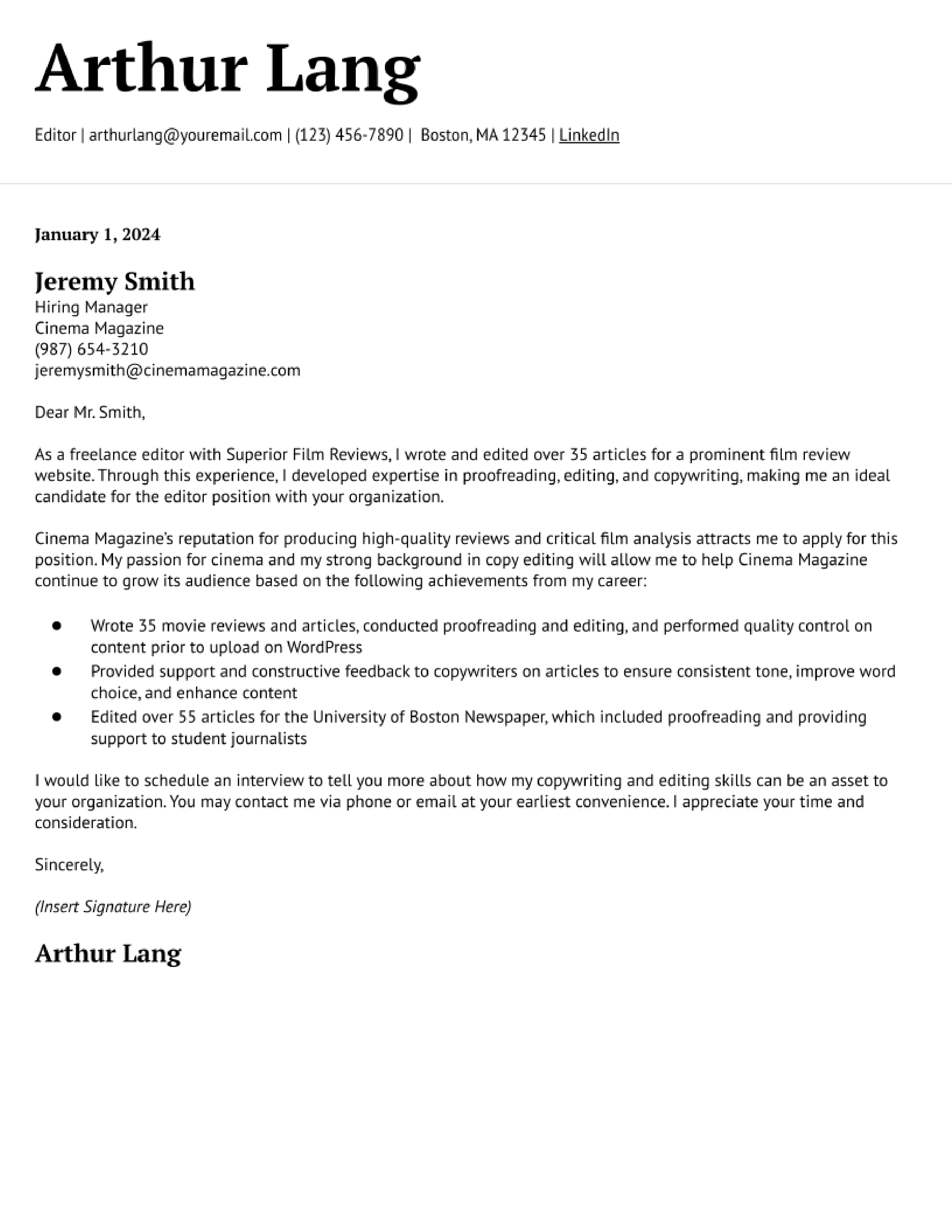 Editor Cover Letter Examples and Templates for 2024 - ResumeBuilder.com