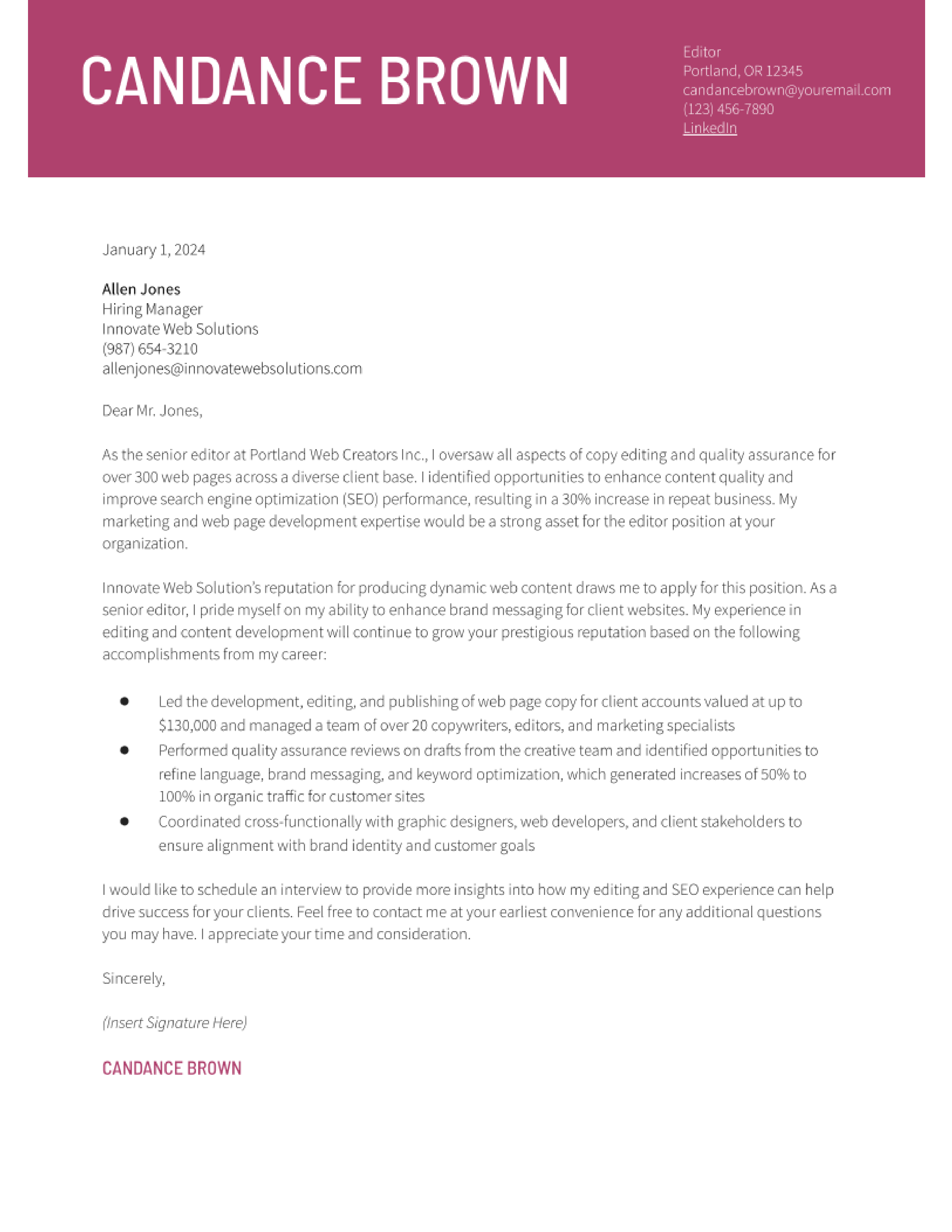 Editor Cover Letter Examples and Templates for 2024 - ResumeBuilder.com