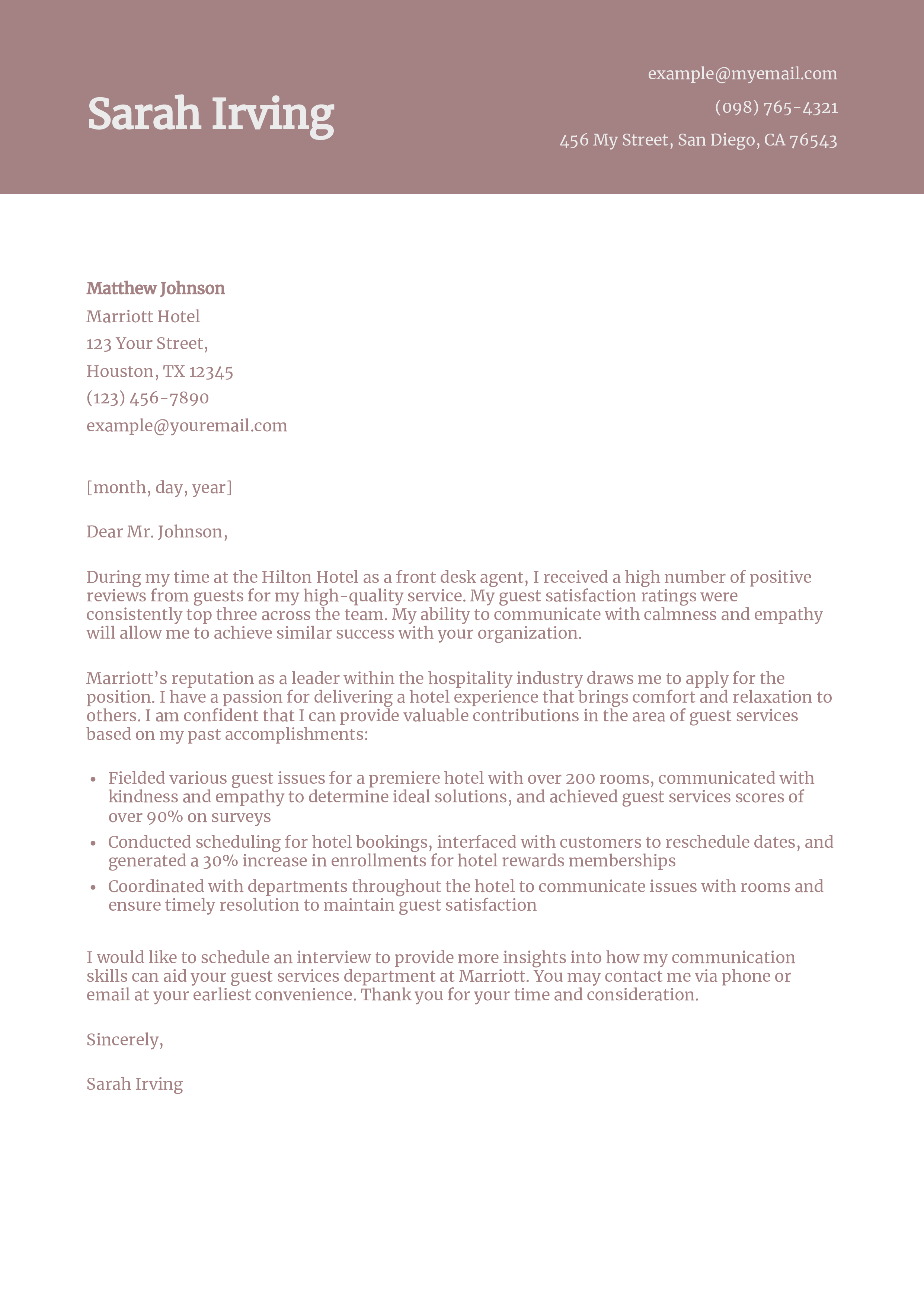Hotel Front Desk Cover Letter Examples and Templates for 2024 ...