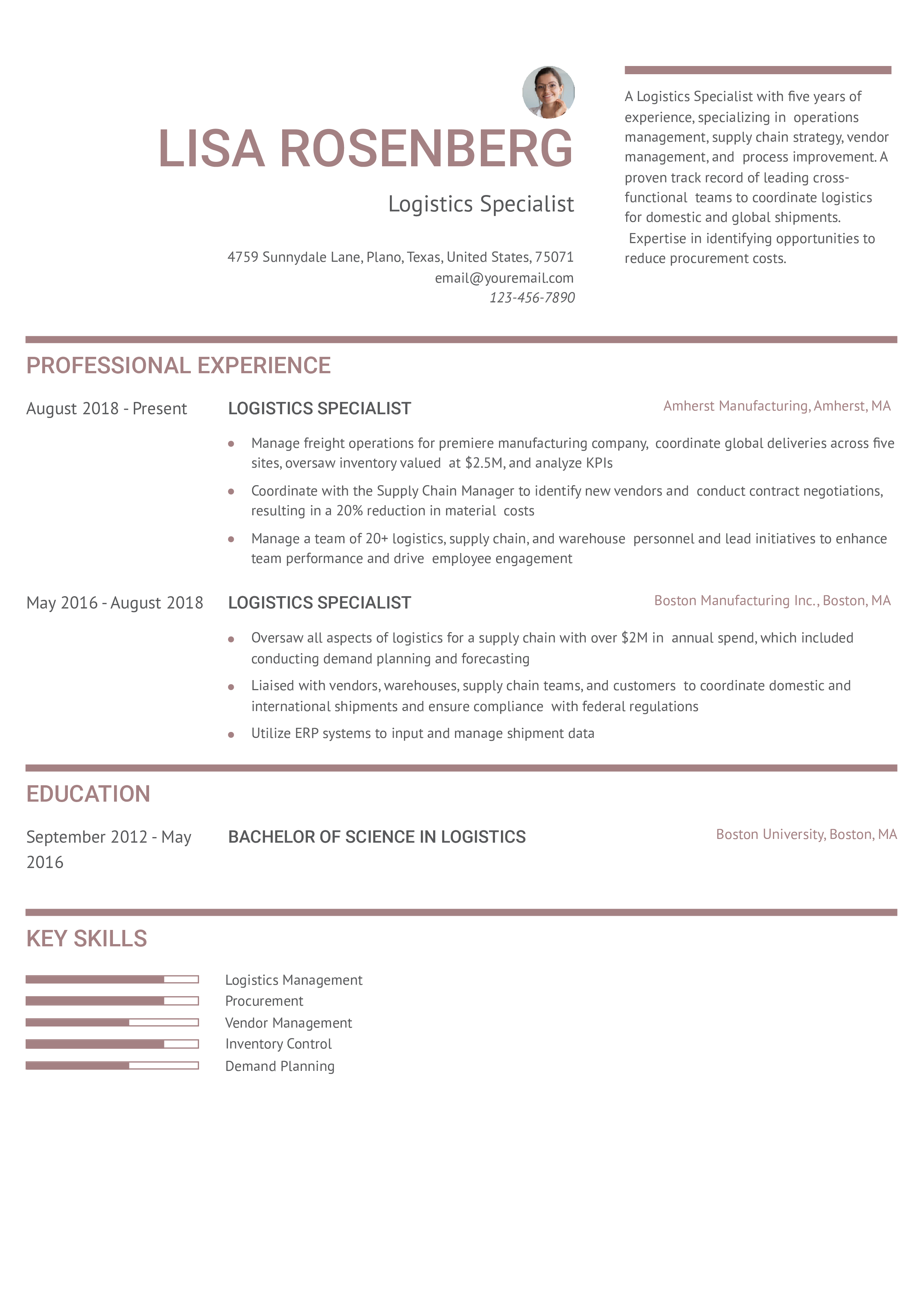 Logistics Specialist Resume Examples and Templates for 2024 ...