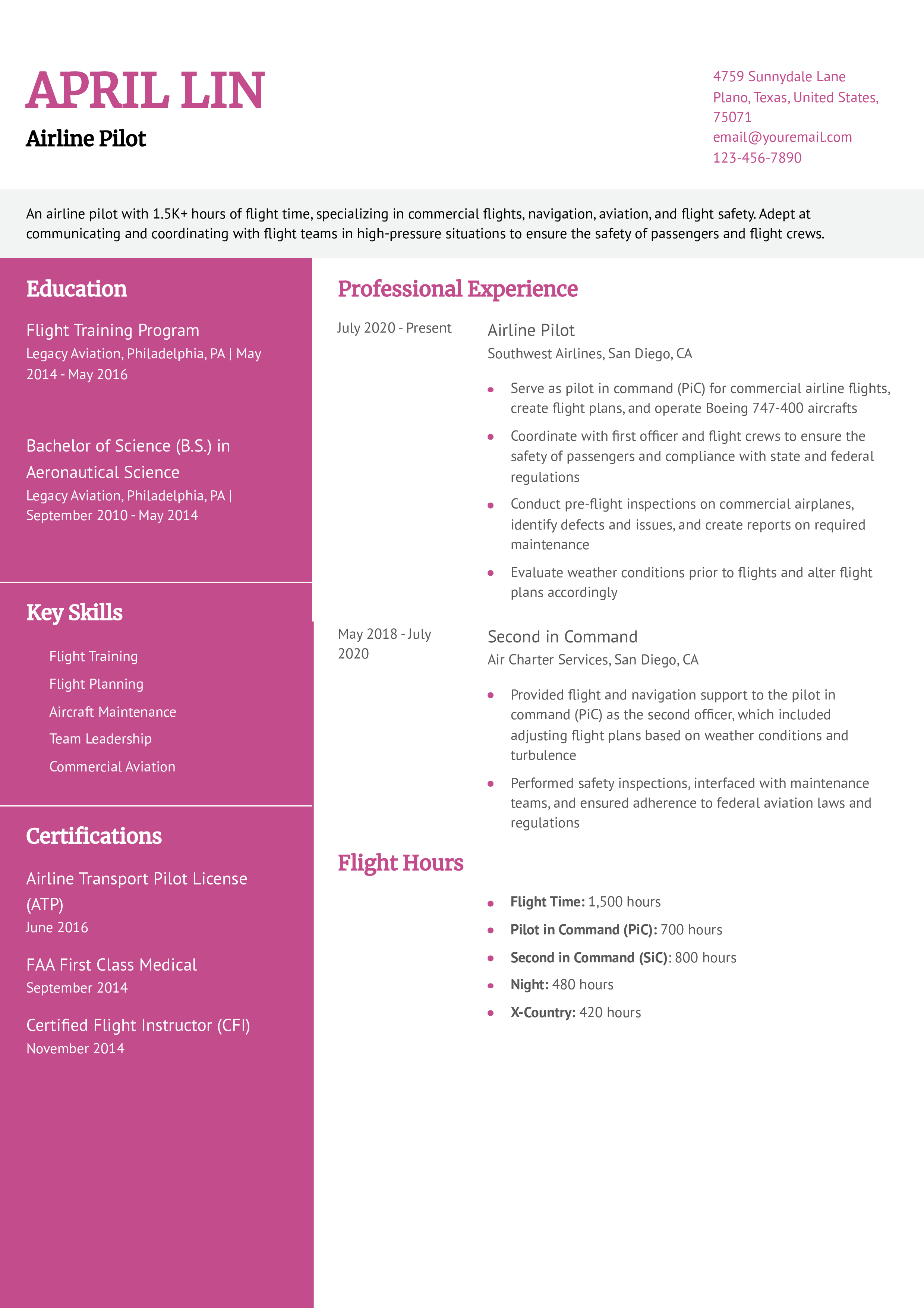 Pilot Resume Examples and Templates for 2024 - ResumeBuilder.com