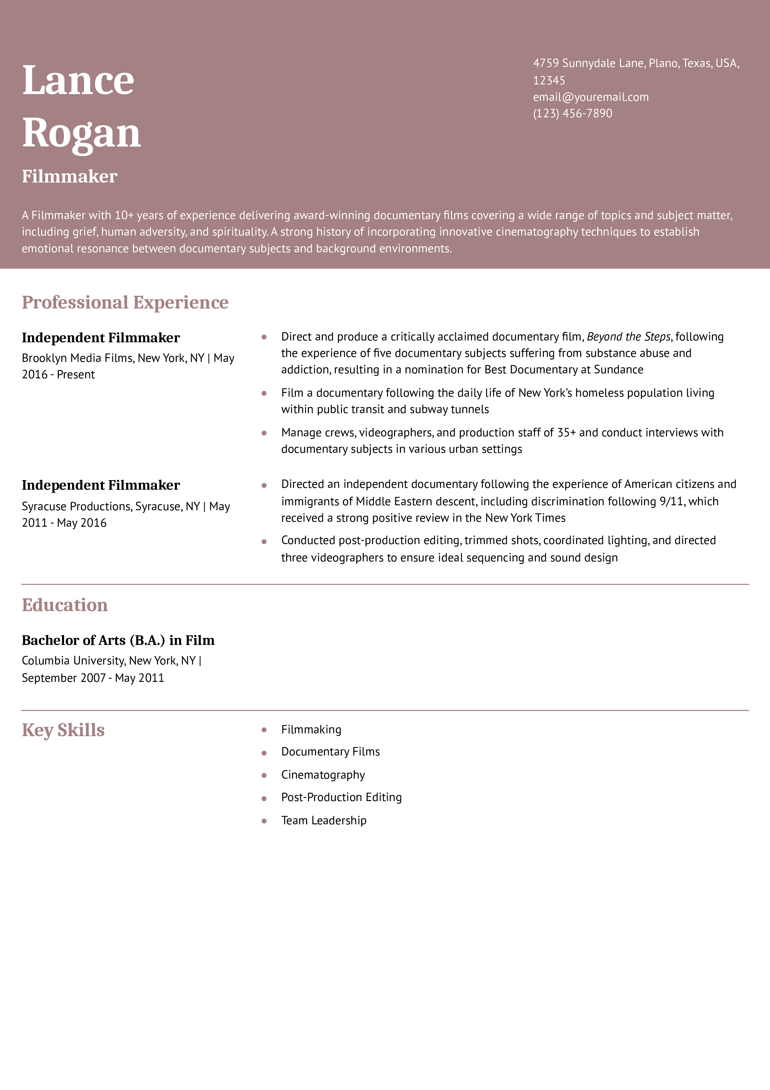 Filmmaker Resume Examples and Templates for 2024 - ResumeBuilder.com
