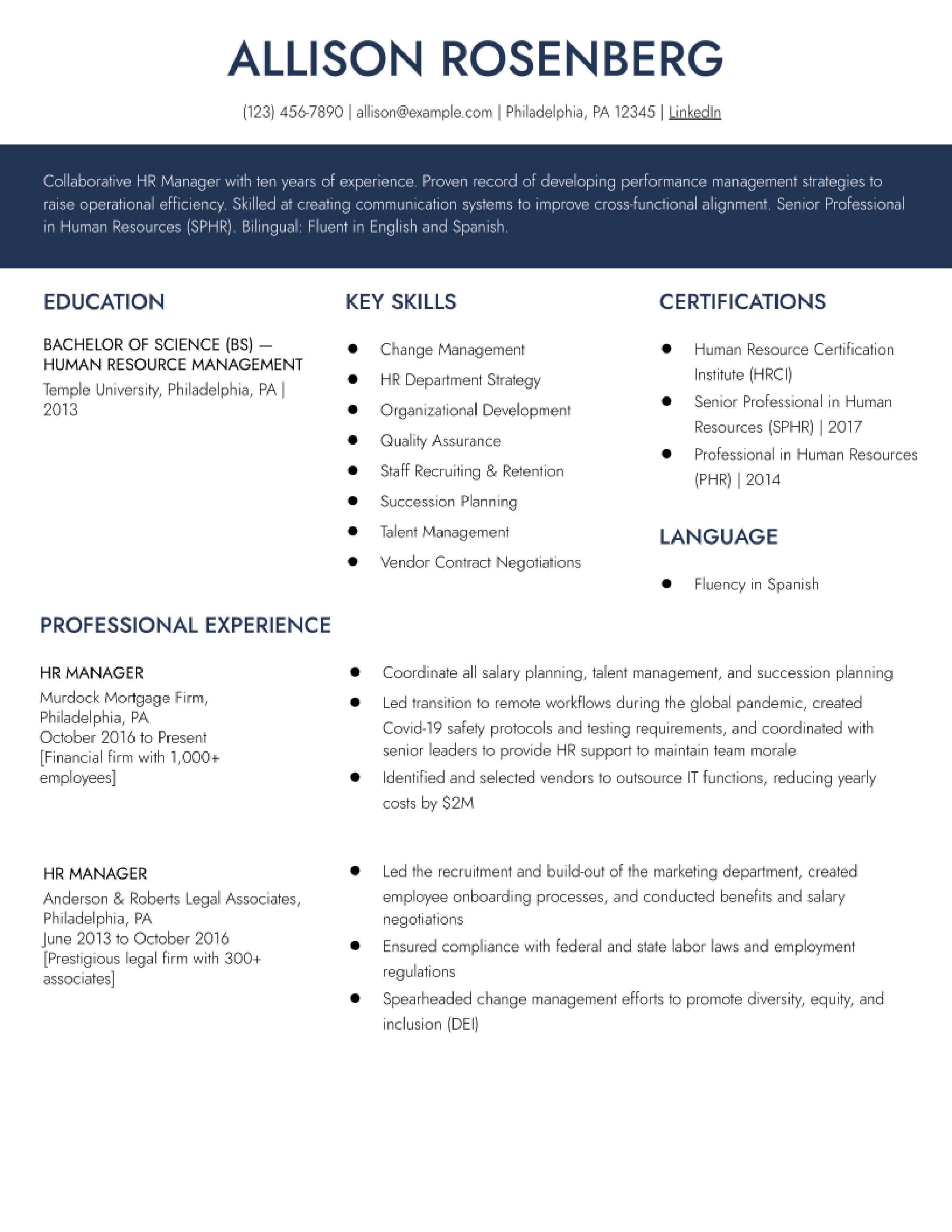 Human Resources Manager Resume Examples and Templates for 2024 ...