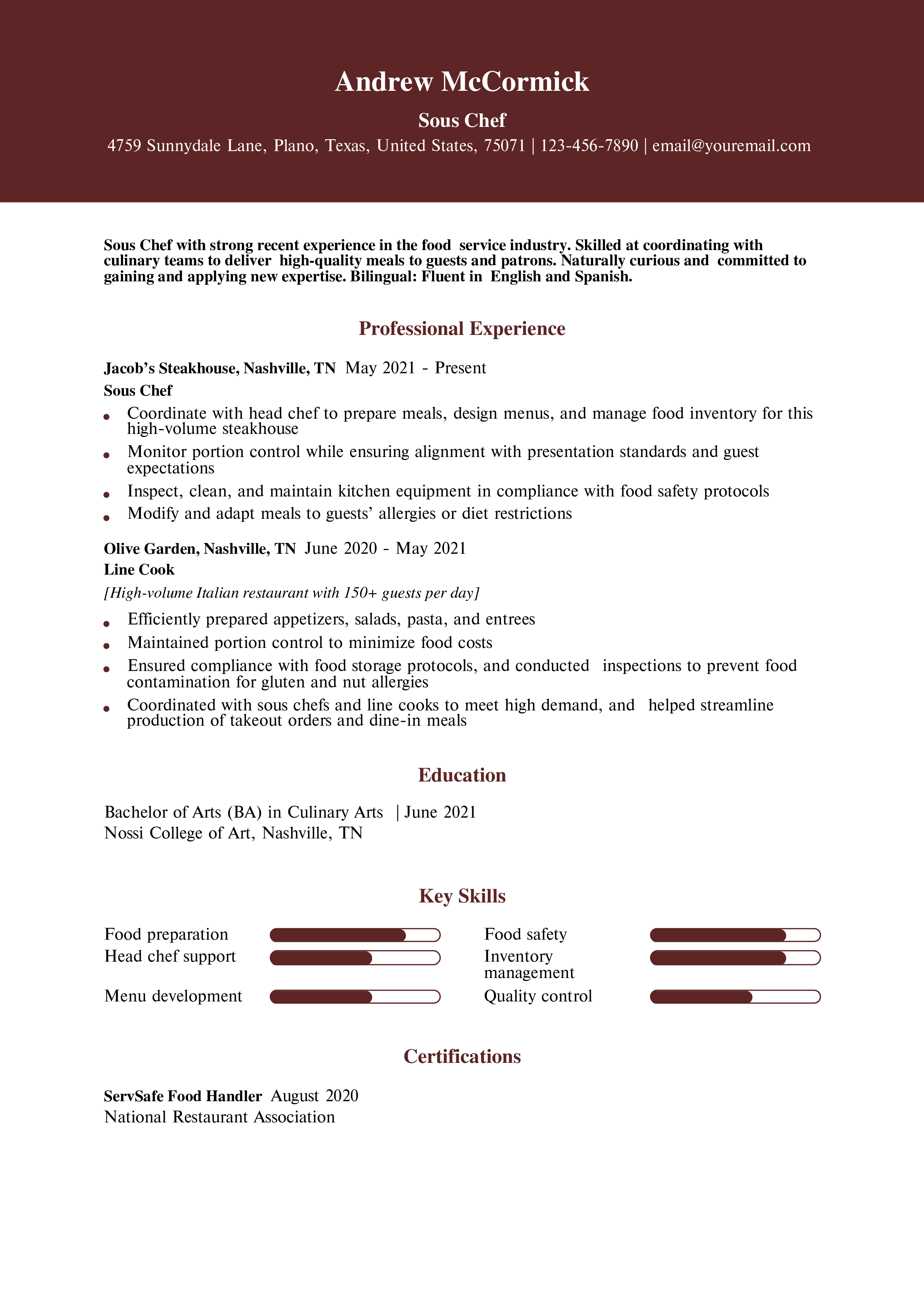 Sous Chef Resume Examples and Templates for 2024 - ResumeBuilder.com