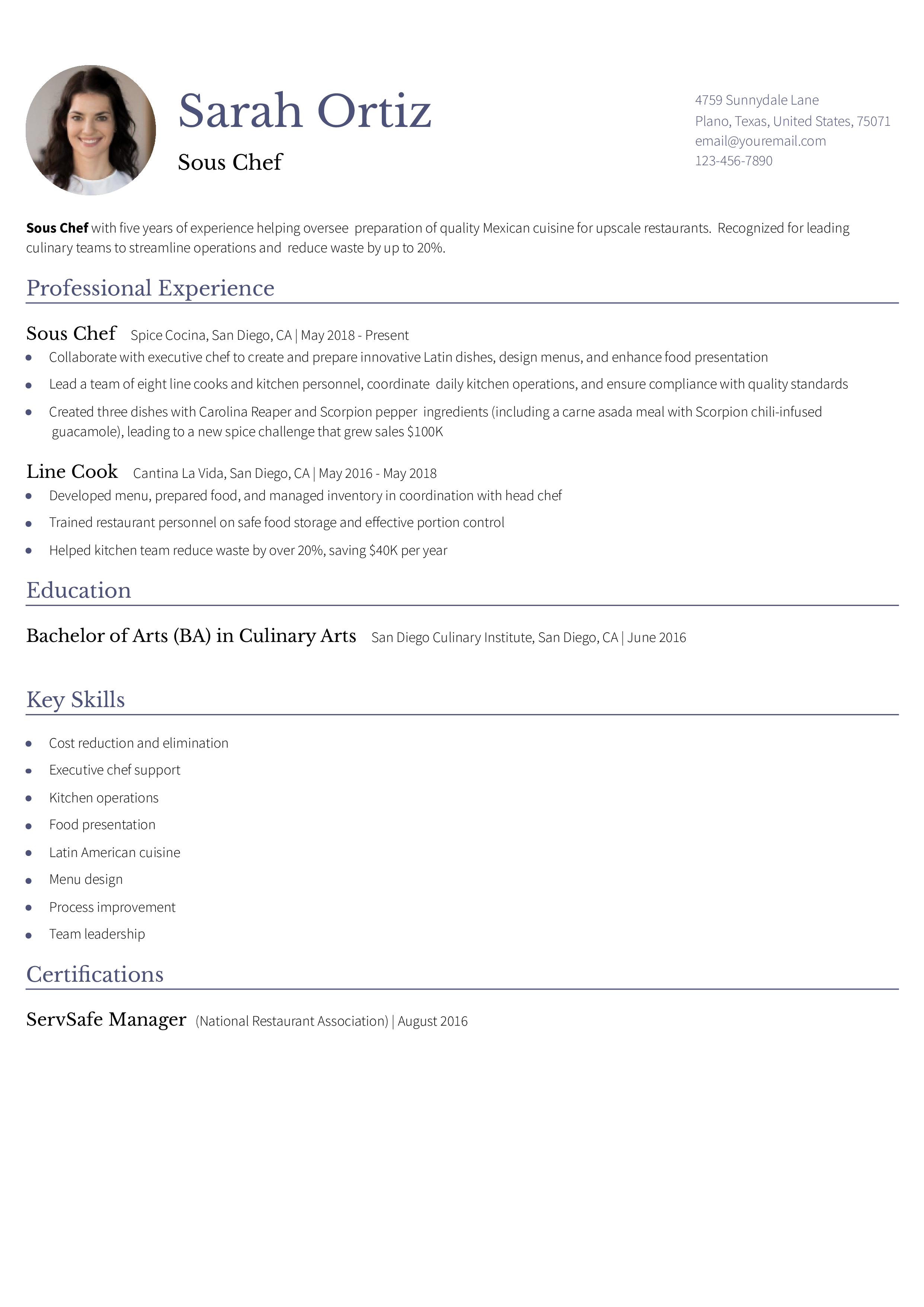 Sous Chef Resume Examples and Templates for 2024 - ResumeBuilder.com