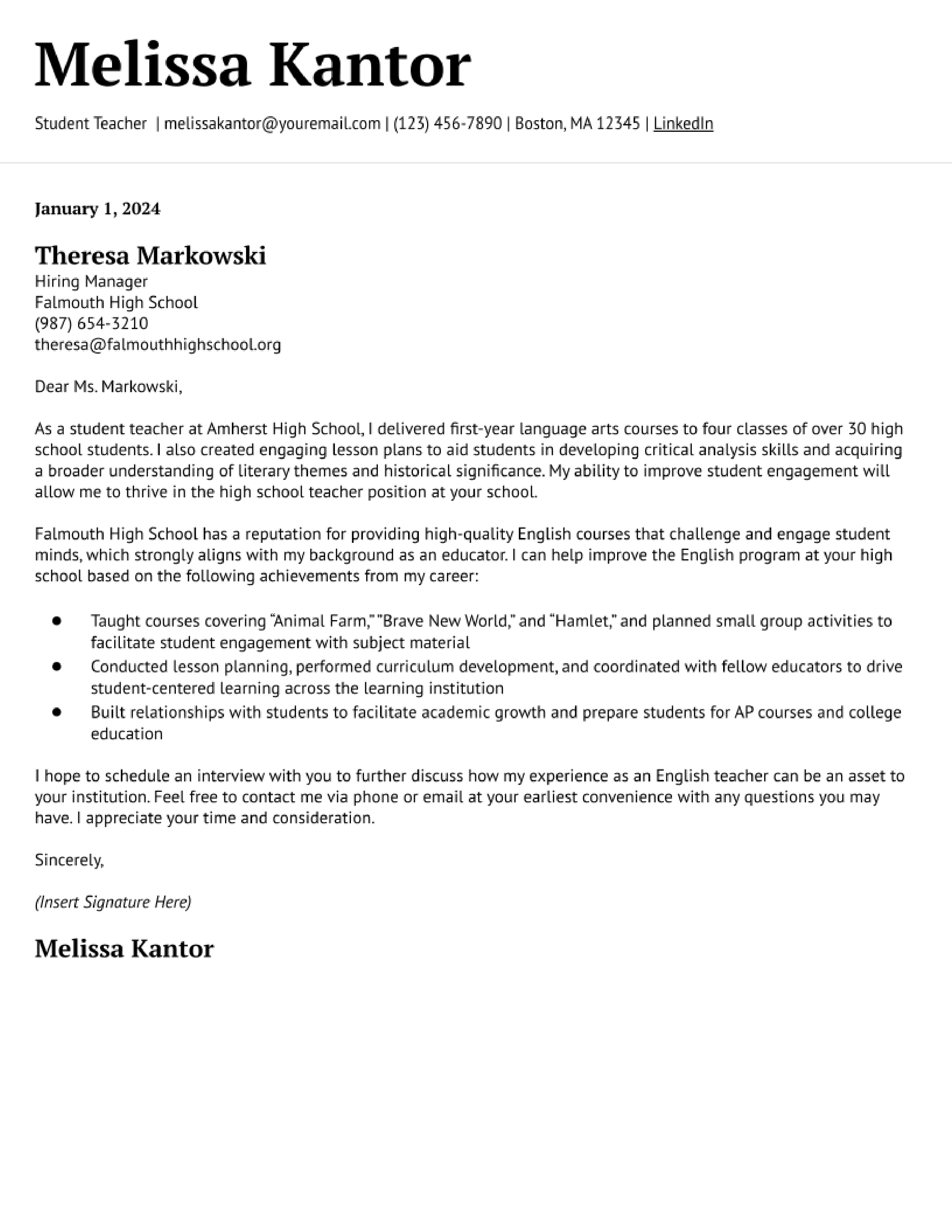 Student Teacher Cover Letter Examples and Templates for 2024 ...