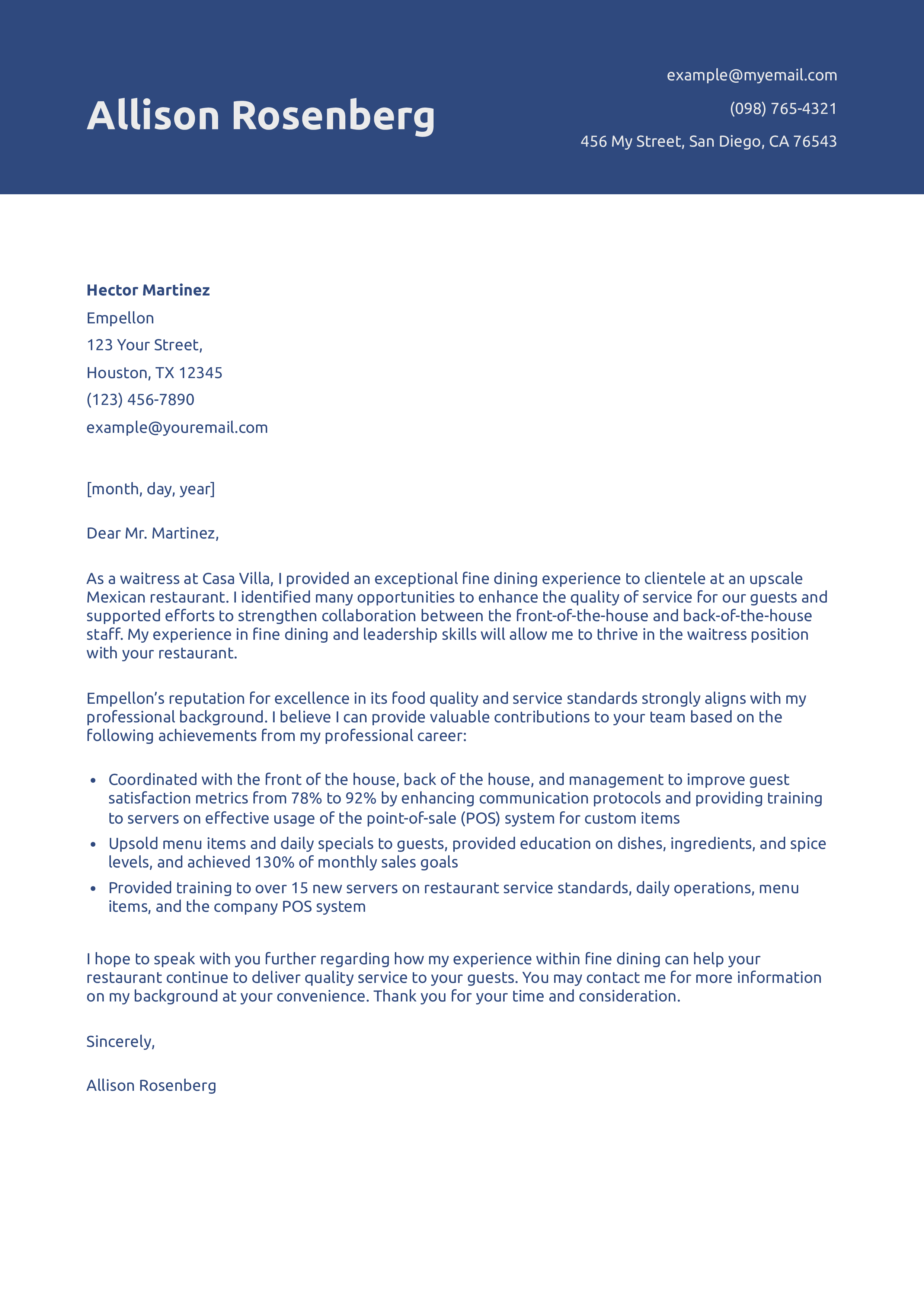 Waiter/Waitress Cover Letter Examples and Templates for 2024 ...