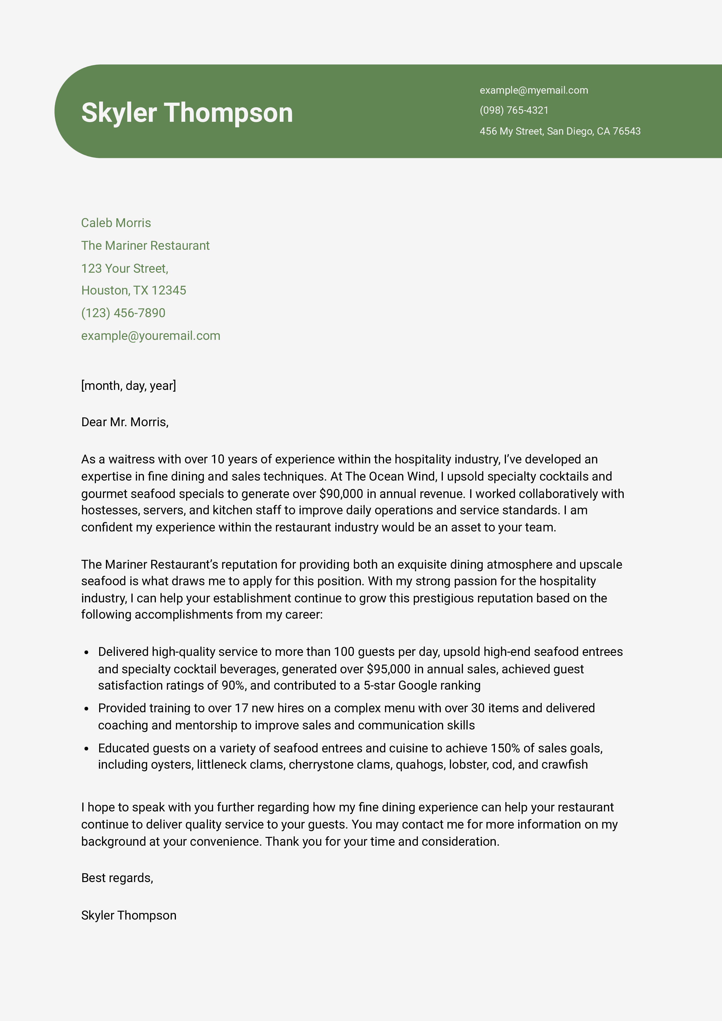 Waiter/Waitress Cover Letter Examples and Templates for 2024 ...