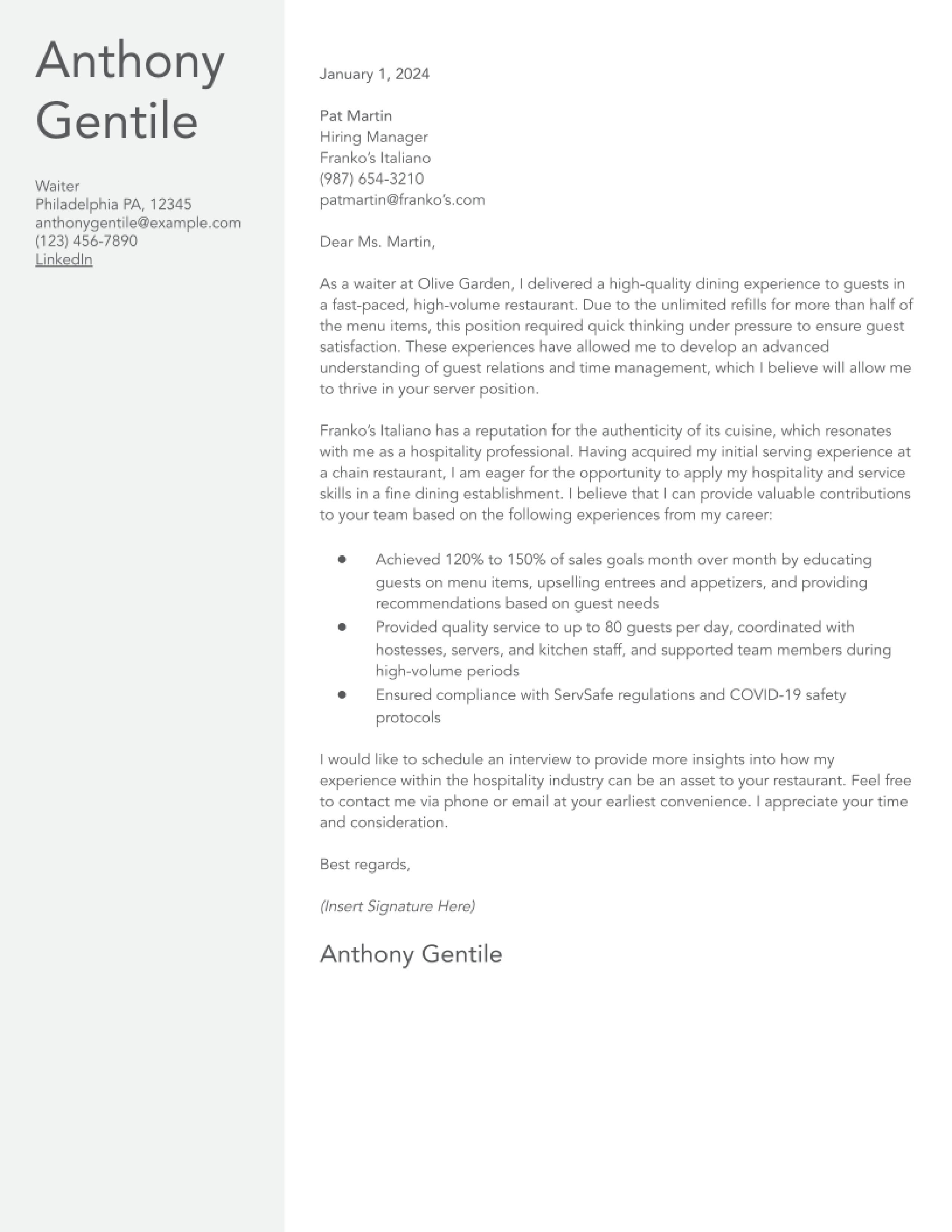 Waiter/Waitress Cover Letter Examples and Templates for 2024 ...