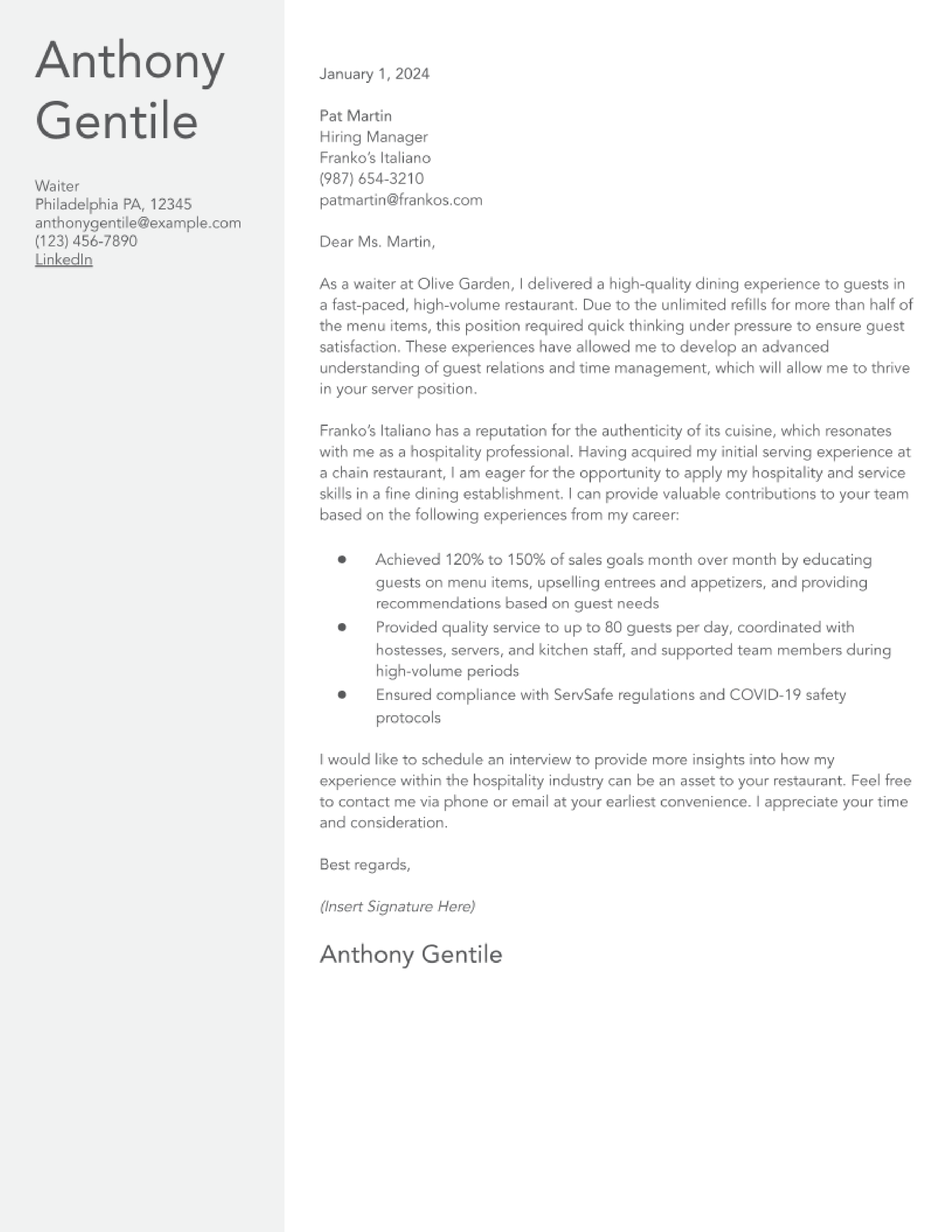 Waiter/Waitress Cover Letter Examples and Templates for 2024 ...