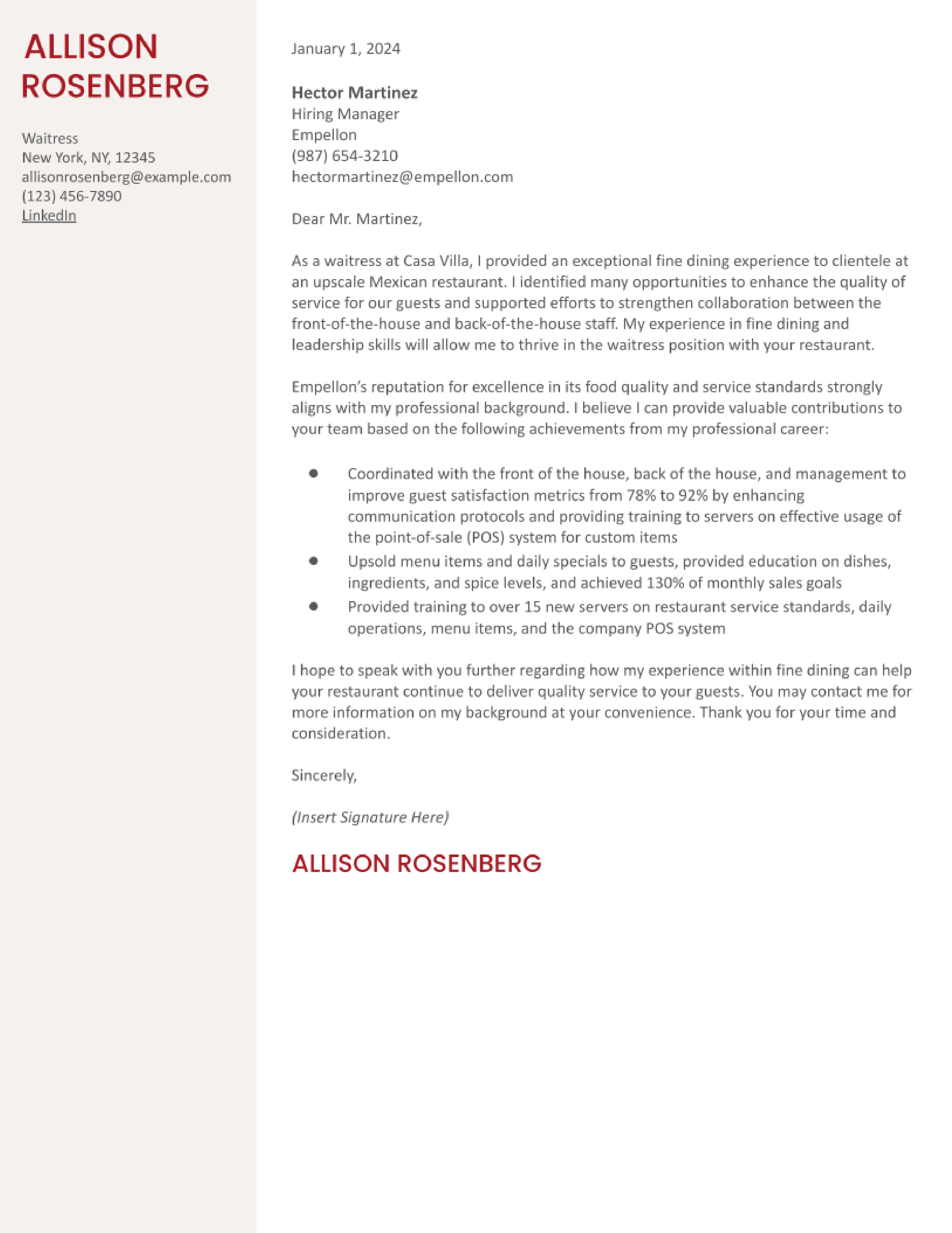 Waiter/Waitress Cover Letter Examples and Templates for 2024 ...