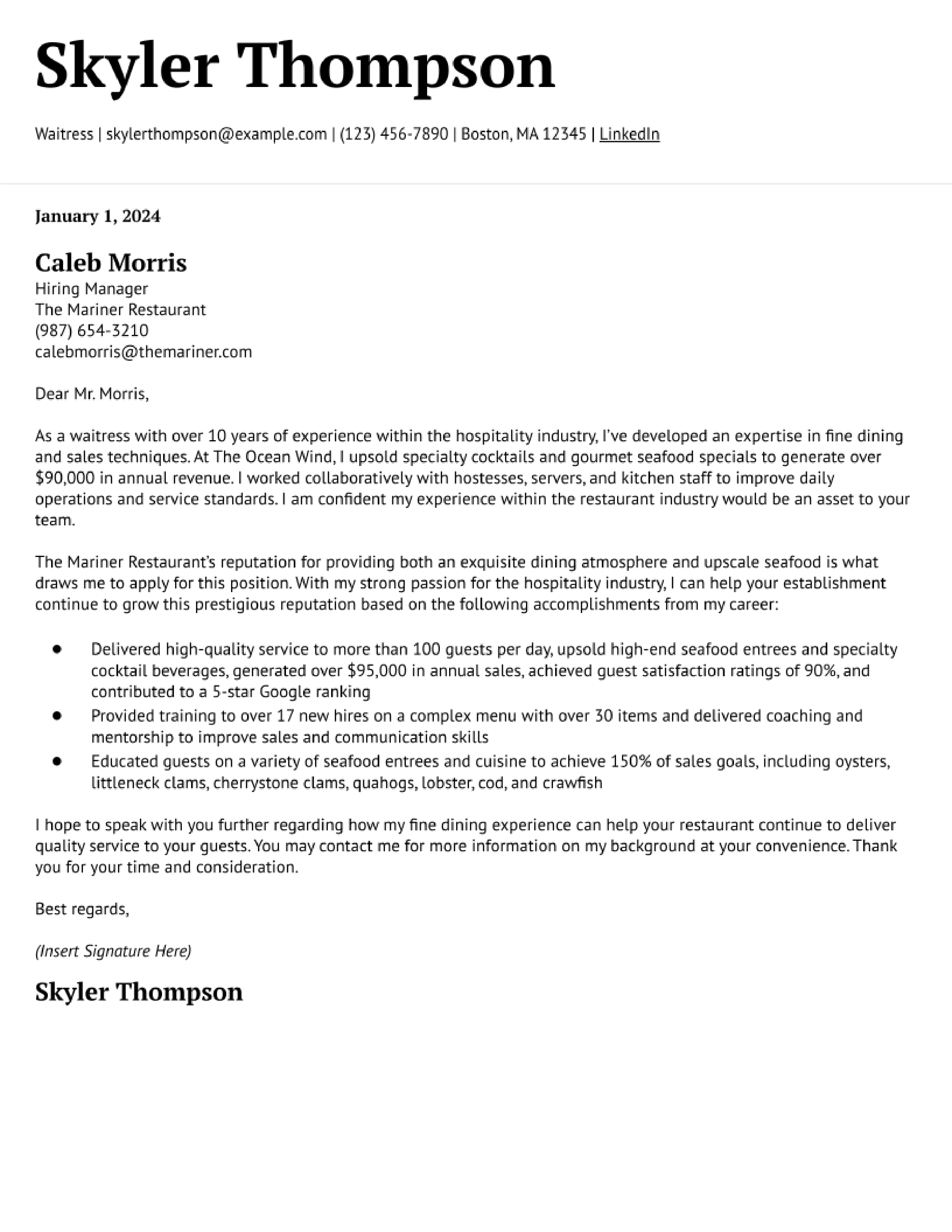 Waiter/Waitress Cover Letter Examples and Templates for 2024 ...