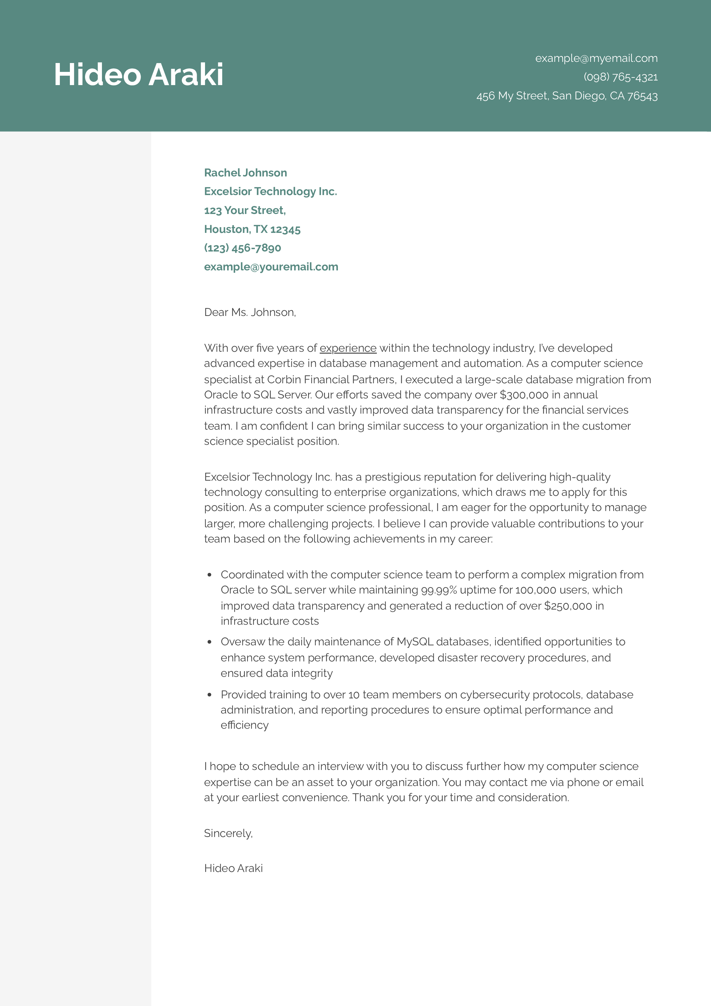 Computer Science Specialist Cover Letter Examples and Templates for ...