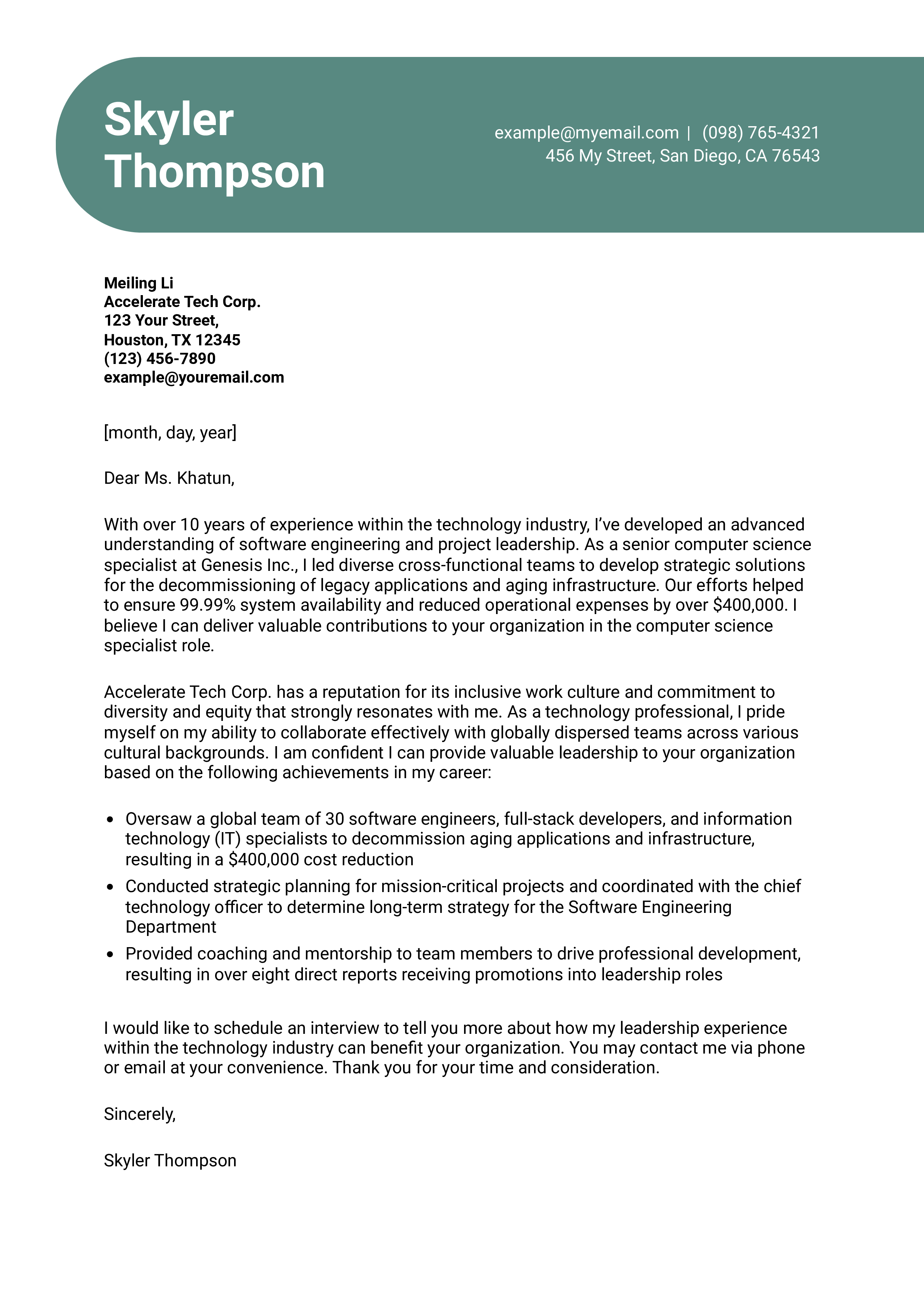 Computer Science Specialist Cover Letter Examples and Templates for ...