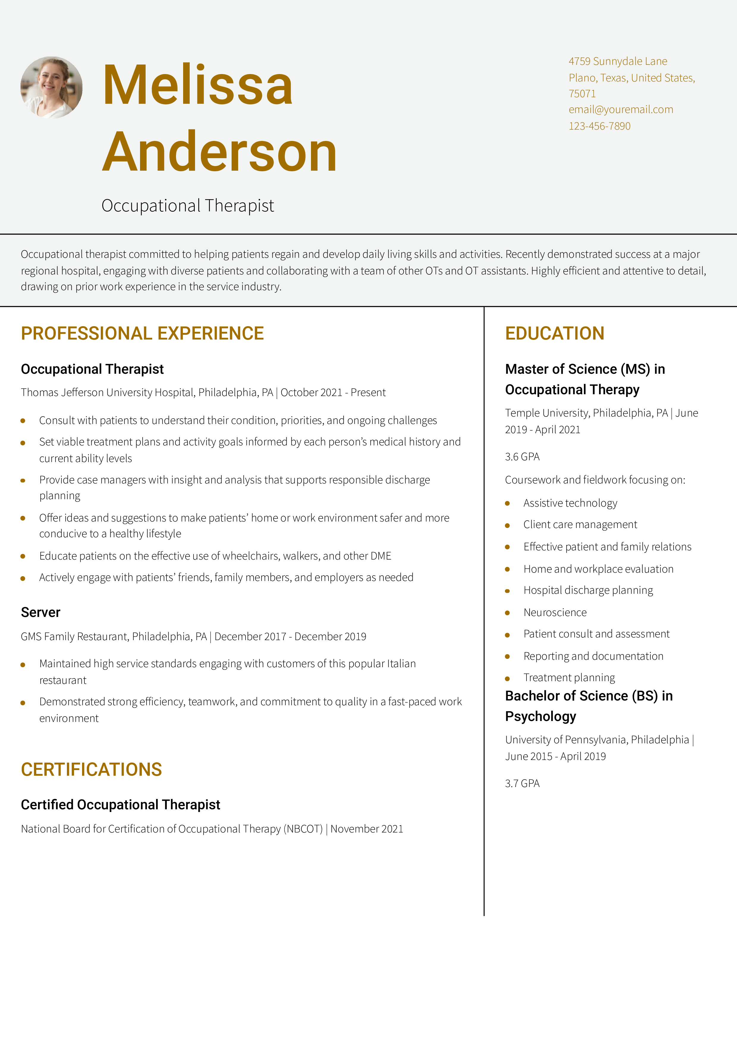 Occupational Therapist Resume Examples and Templates for 2024 ...