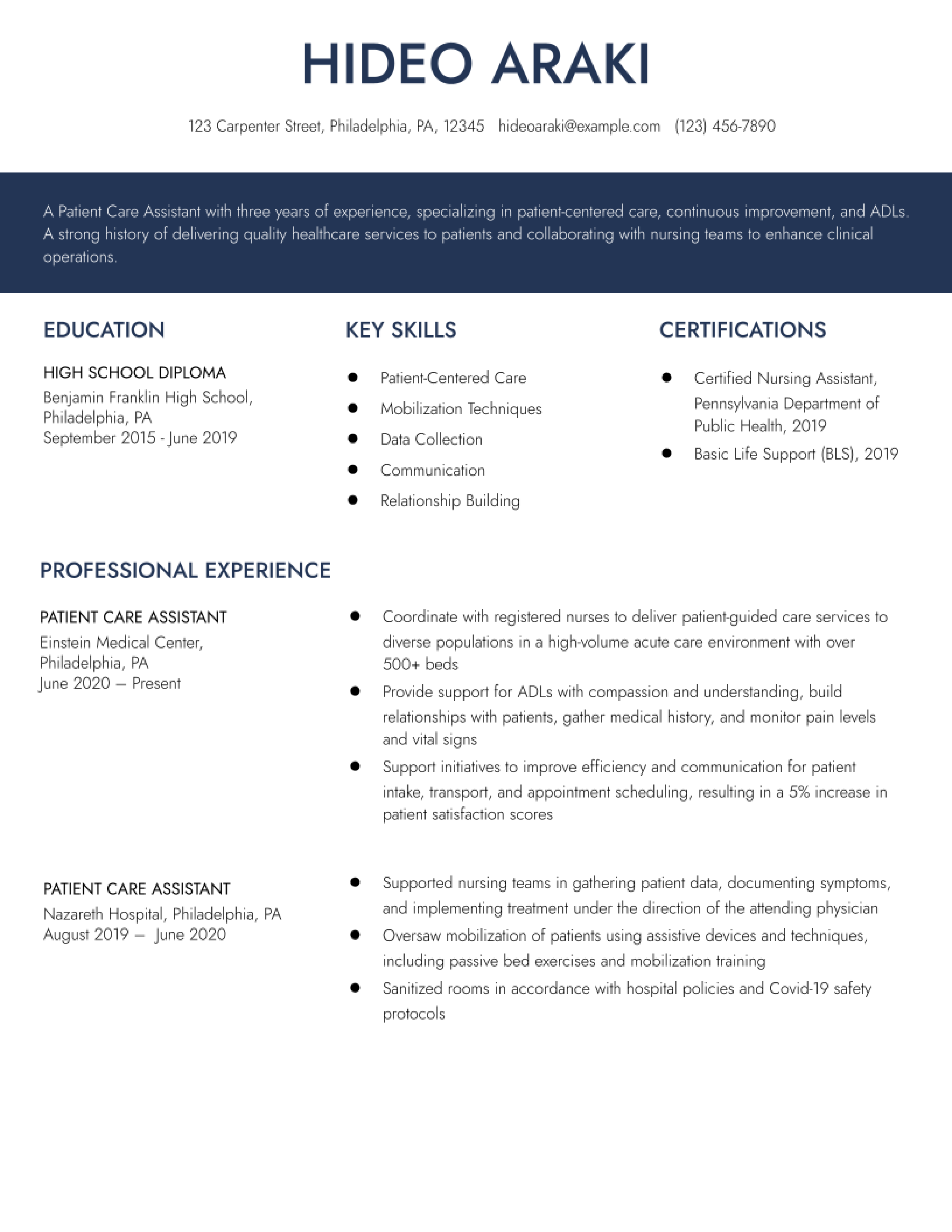 Patient Care Assistant Resume Examples and Templates for 2024 ...
