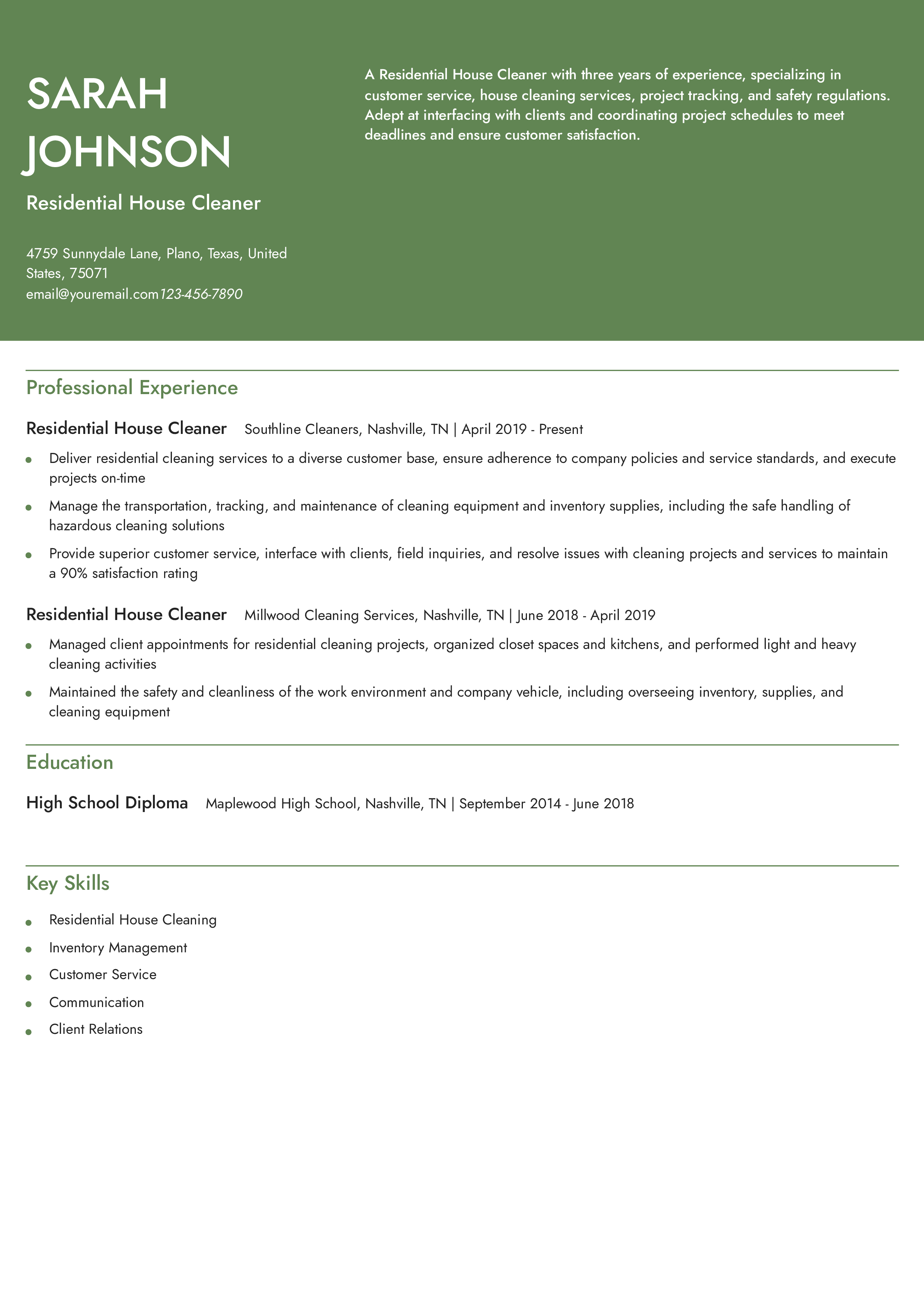 Residential House Cleaner Resume Examples and Templates for 2024 ...