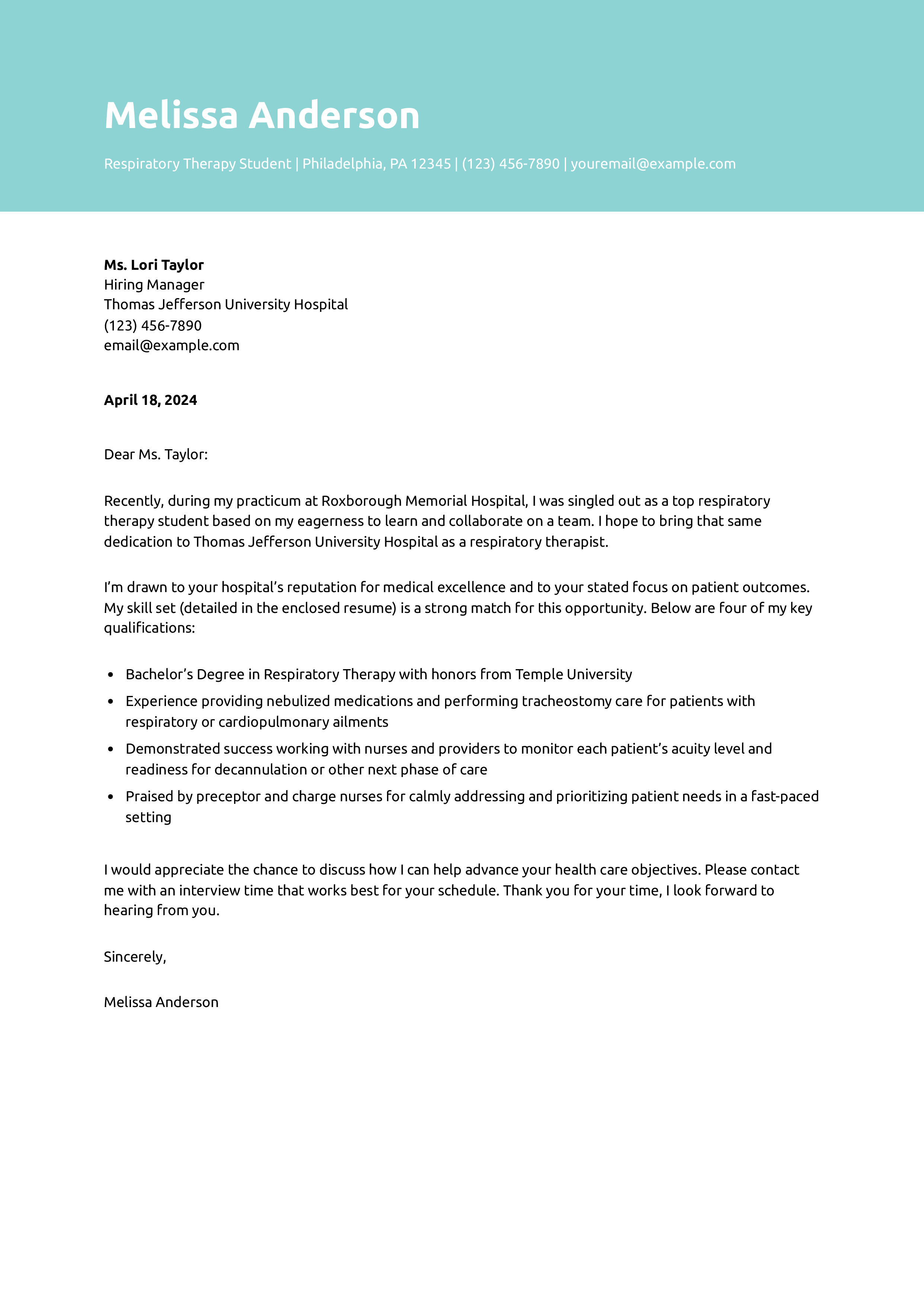 Respiratory Therapist Cover Letter Examples and Templates for 2024 ...