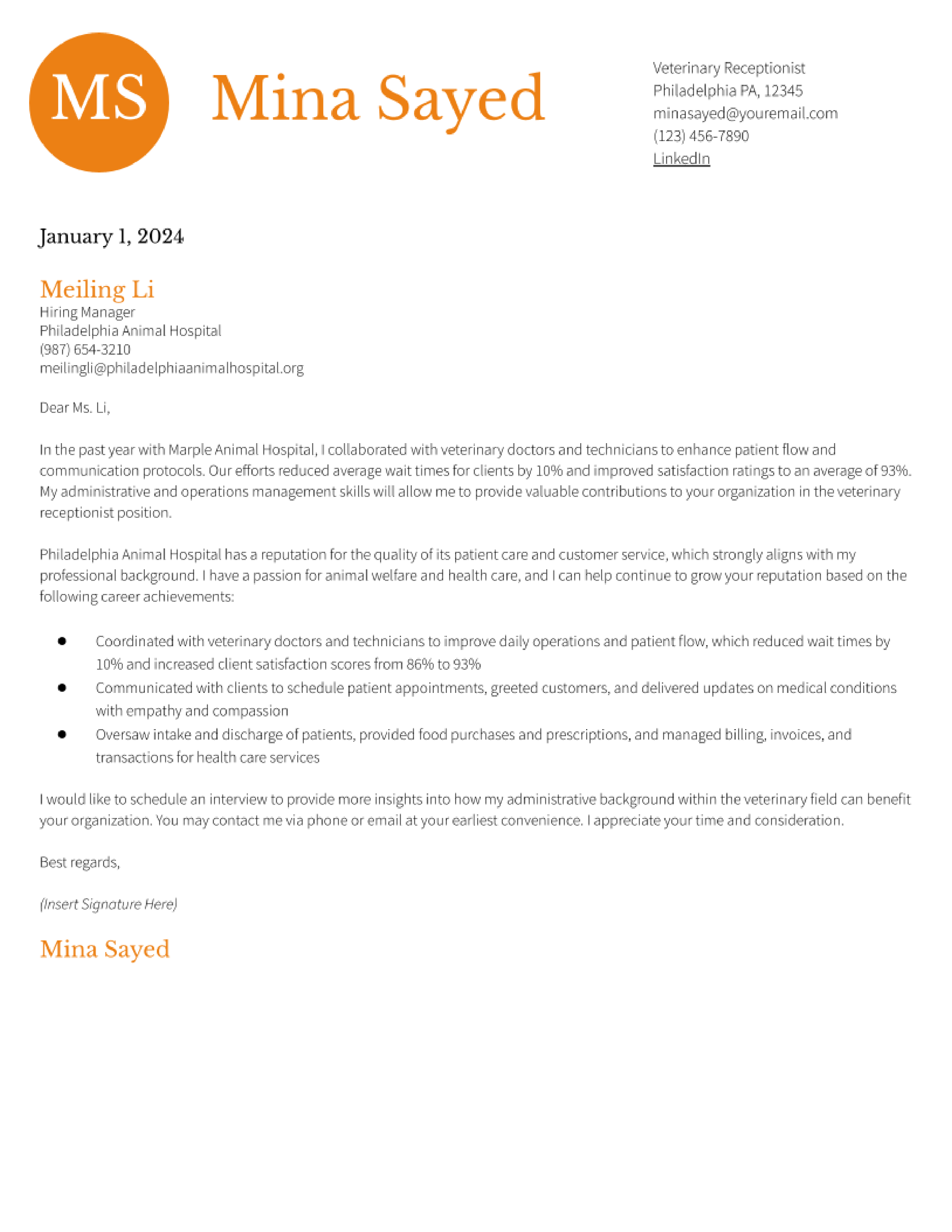 Veterinary Receptionist Cover Letter Examples and Templates for 2024 ...