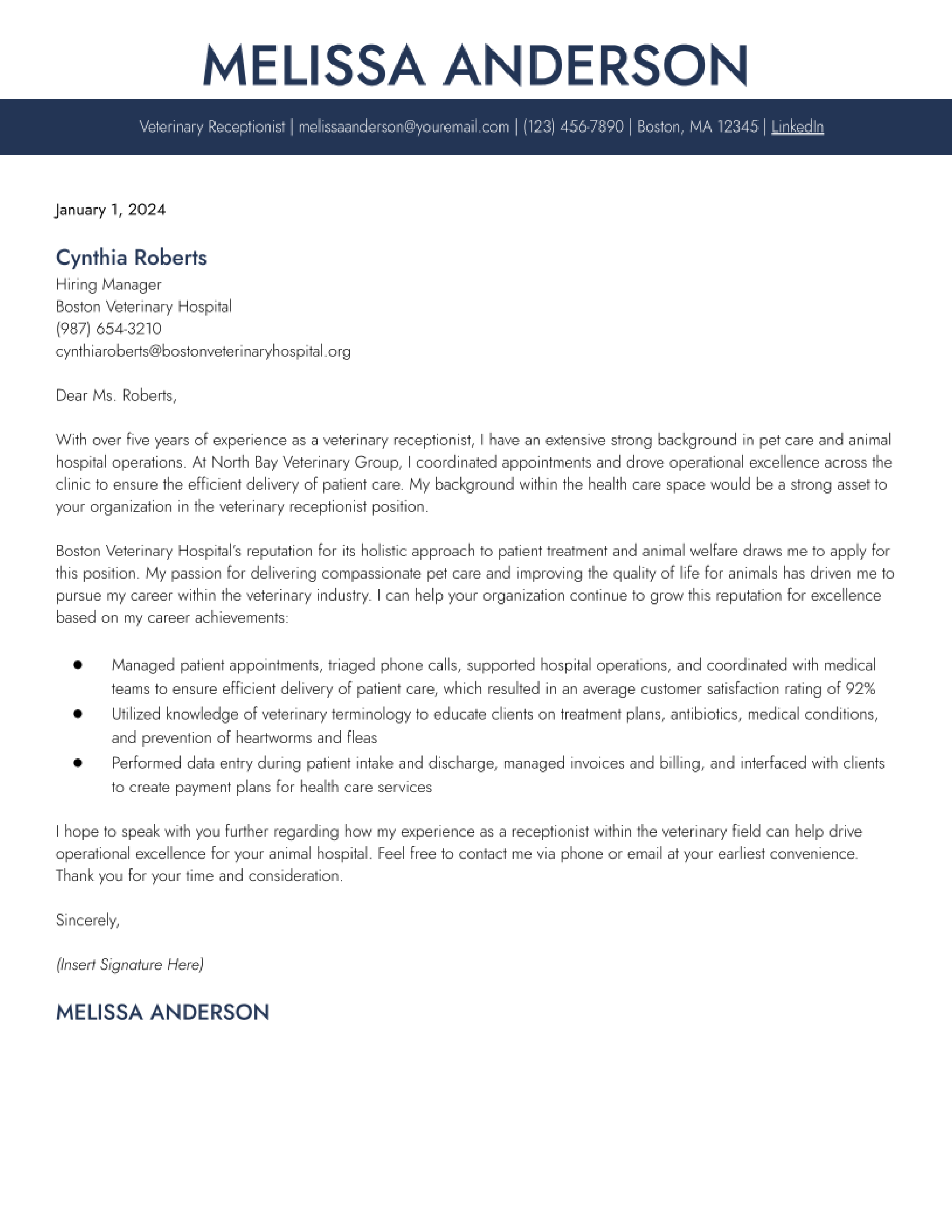 Veterinary Receptionist Cover Letter Examples and Templates for 2024 ...