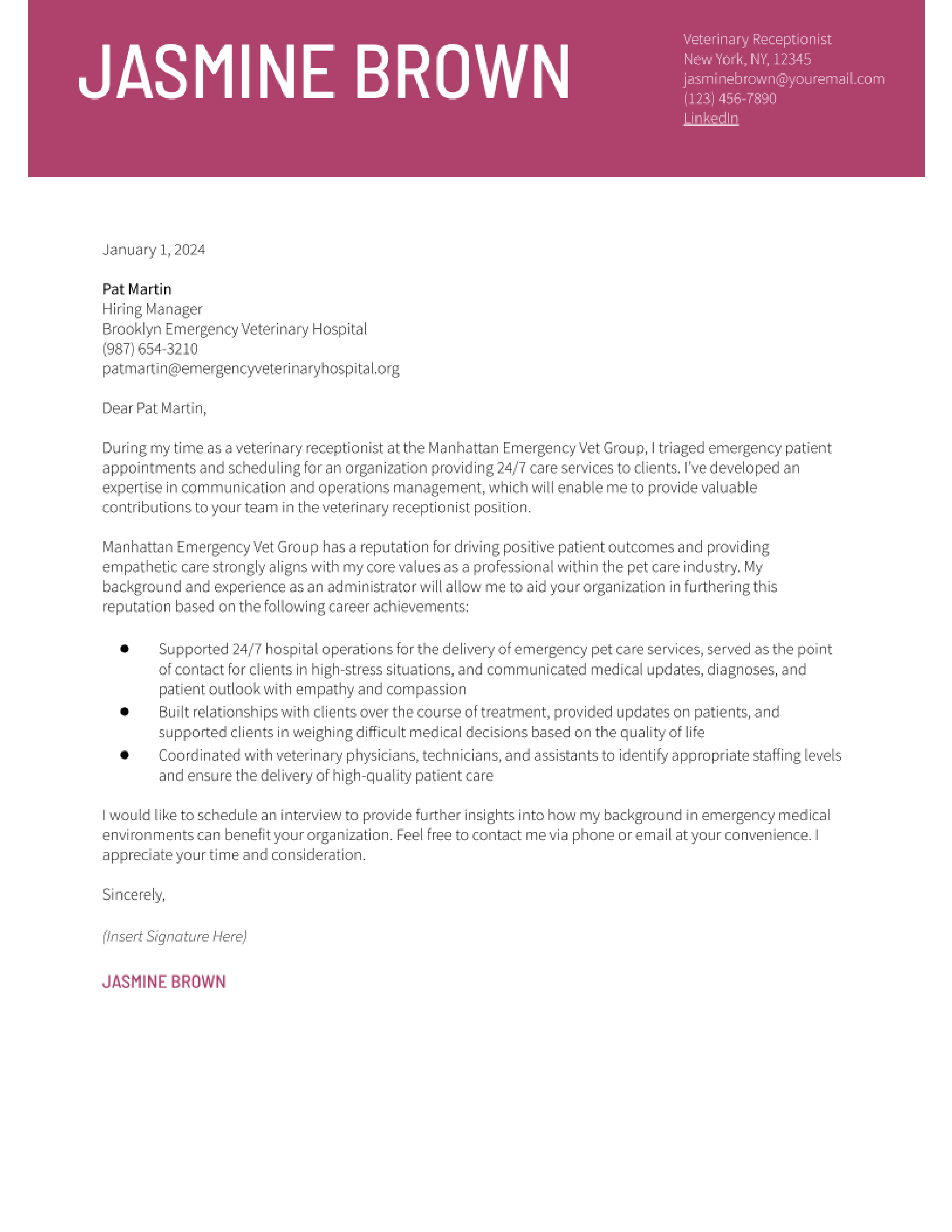 Veterinary Receptionist Cover Letter Examples and Templates for 2024 ...