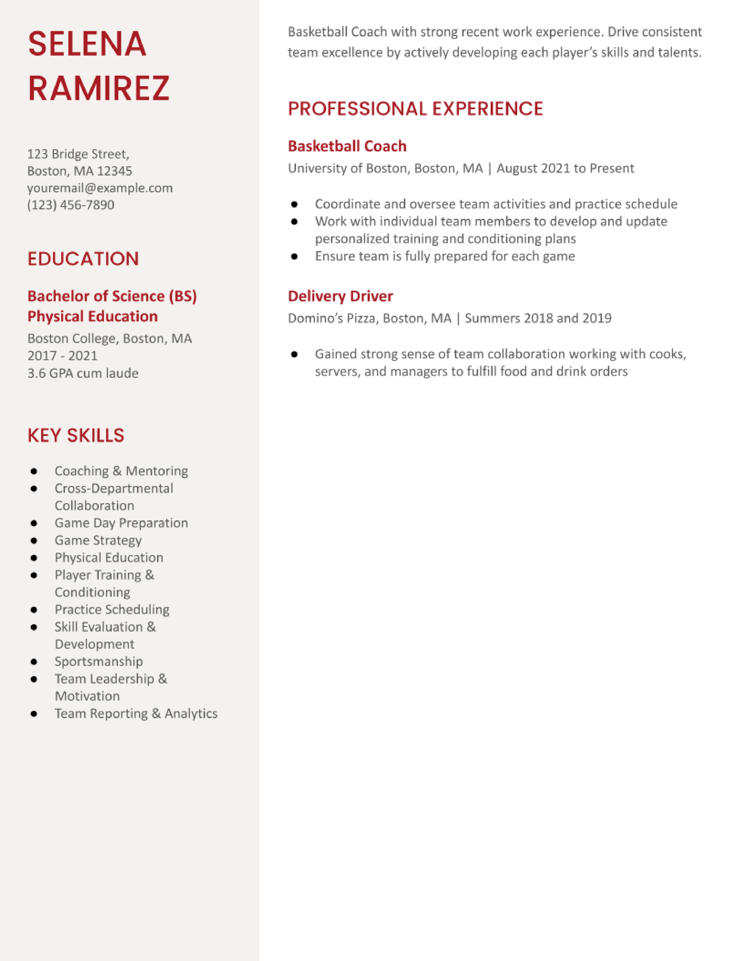 Assistant Coach Resume Sample