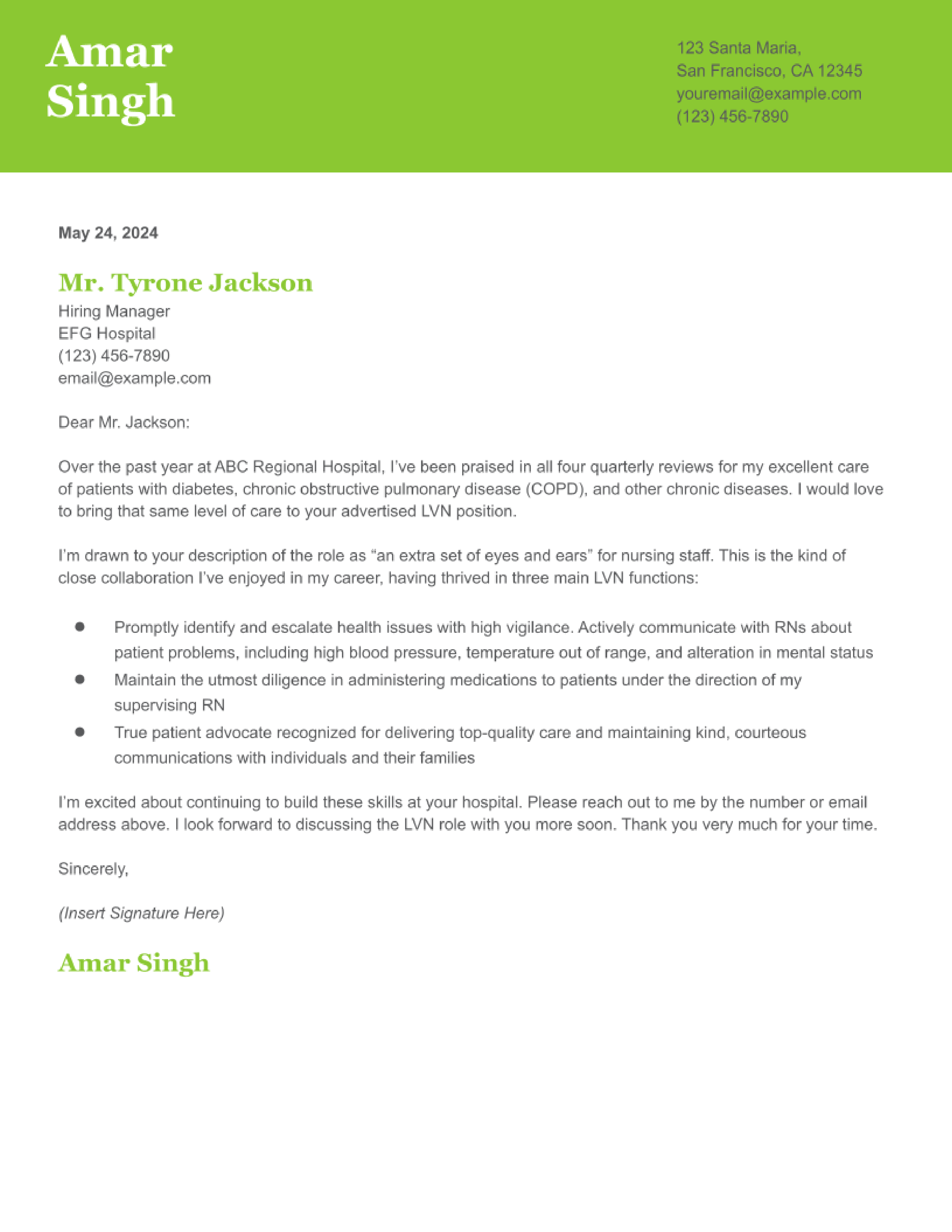 Licensed Vocational Nurse Cover Letter Examples and Templates for 2024 ...