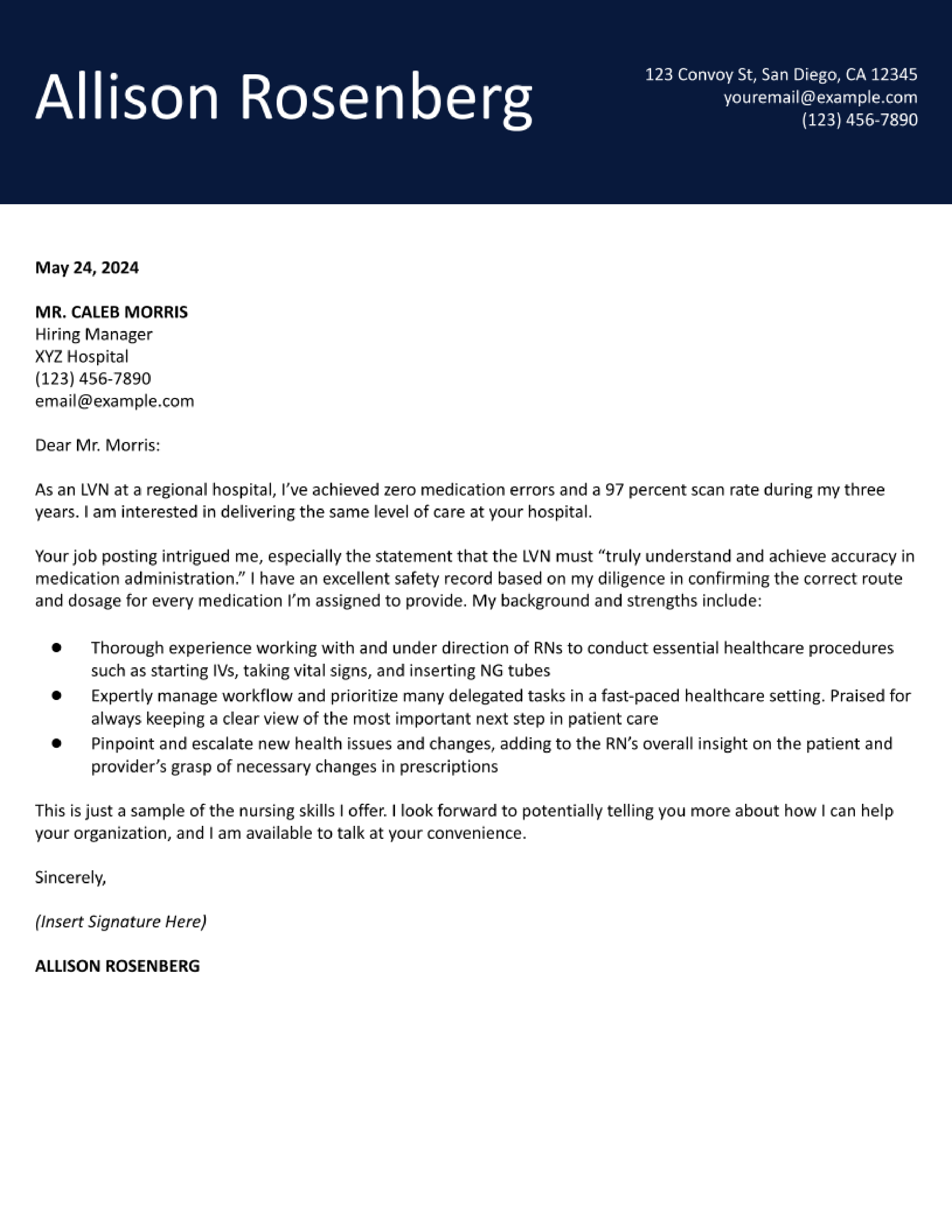 Licensed Vocational Nurse Cover Letter Examples and Templates for 2024 ...