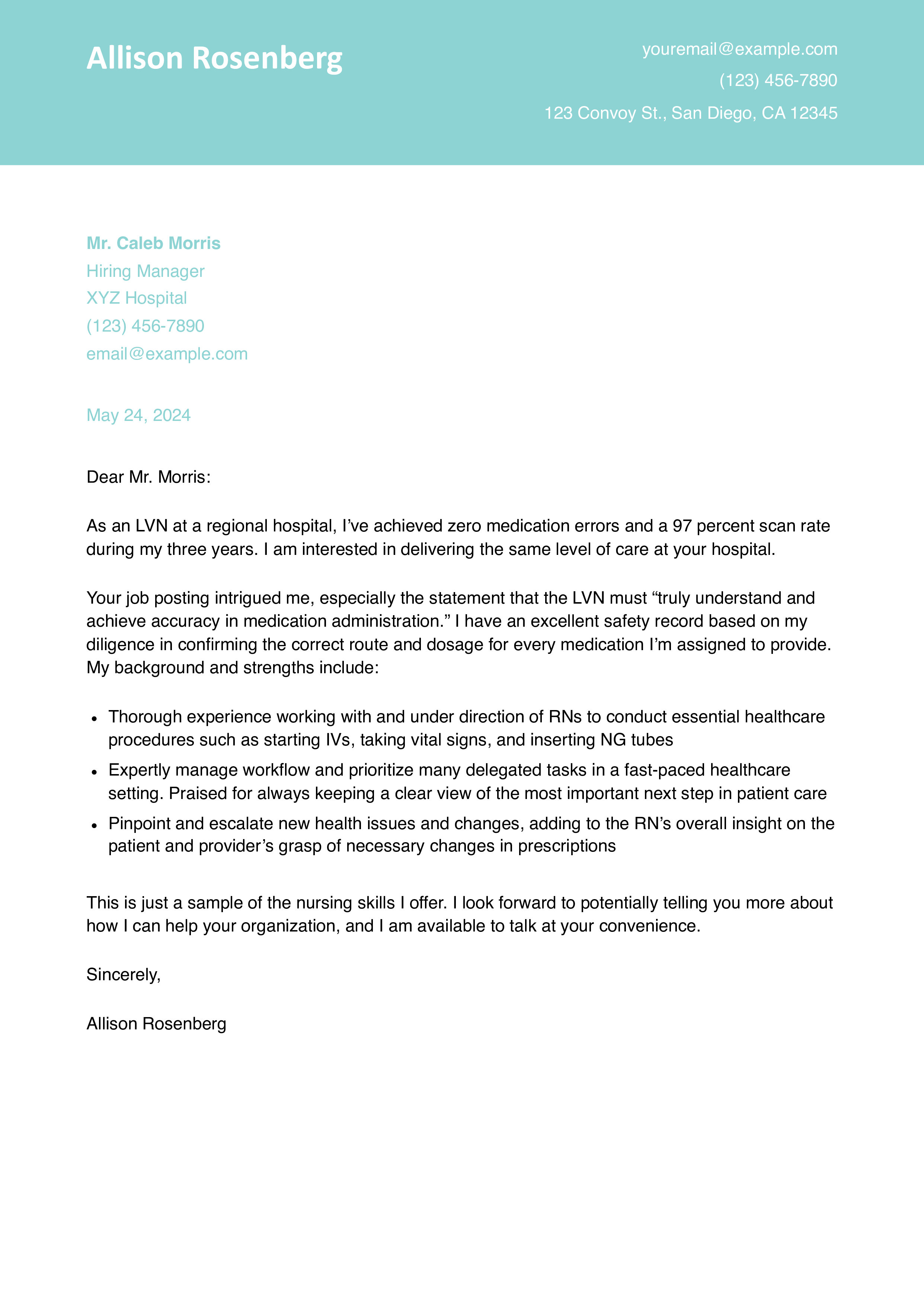 Licensed Vocational Nurse Cover Letter Examples and Templates for 2024 ...