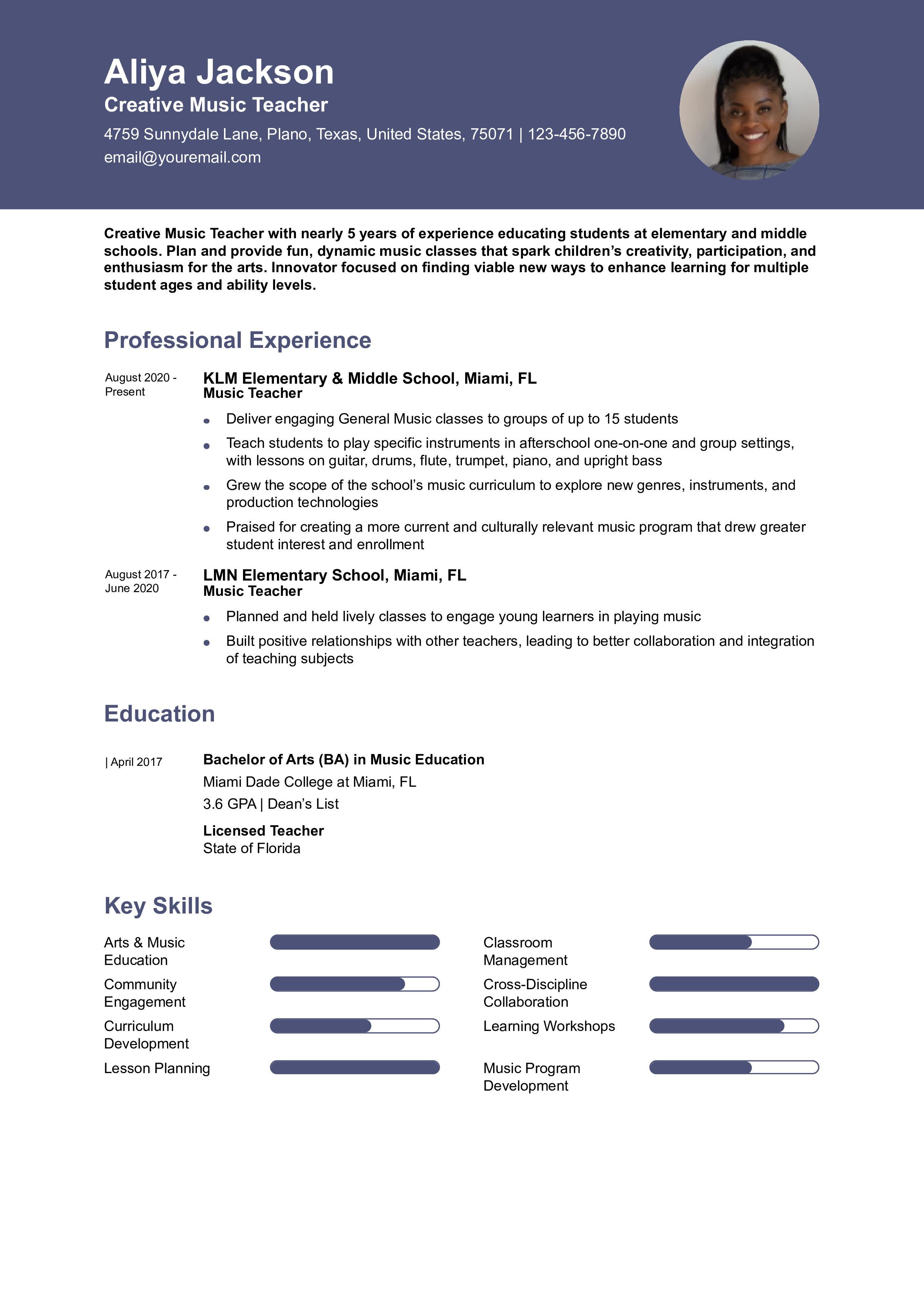 Music Teacher Resume Examples and Templates for 2024 - ResumeBuilder.com