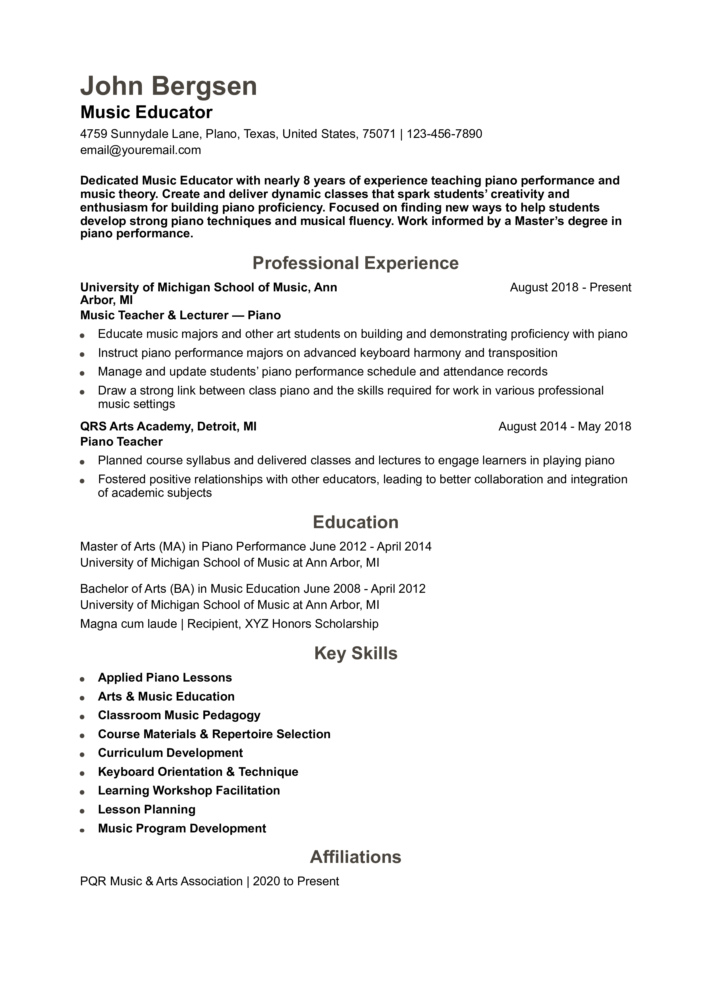 Music Teacher Resume Examples and Templates for 2024 - ResumeBuilder.com