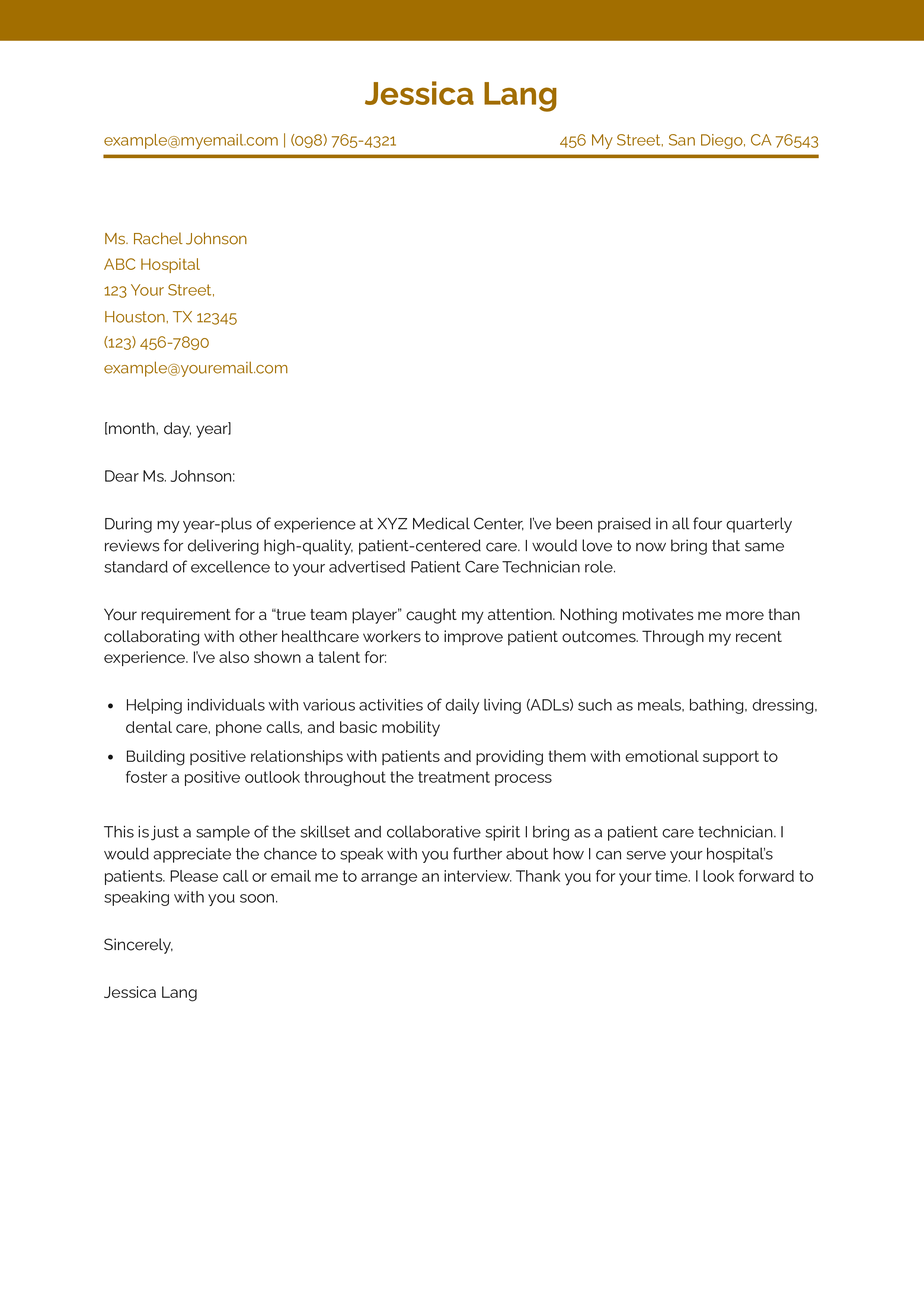 Patient Care Technician Cover Letter Examples and Templates for 2024 ...