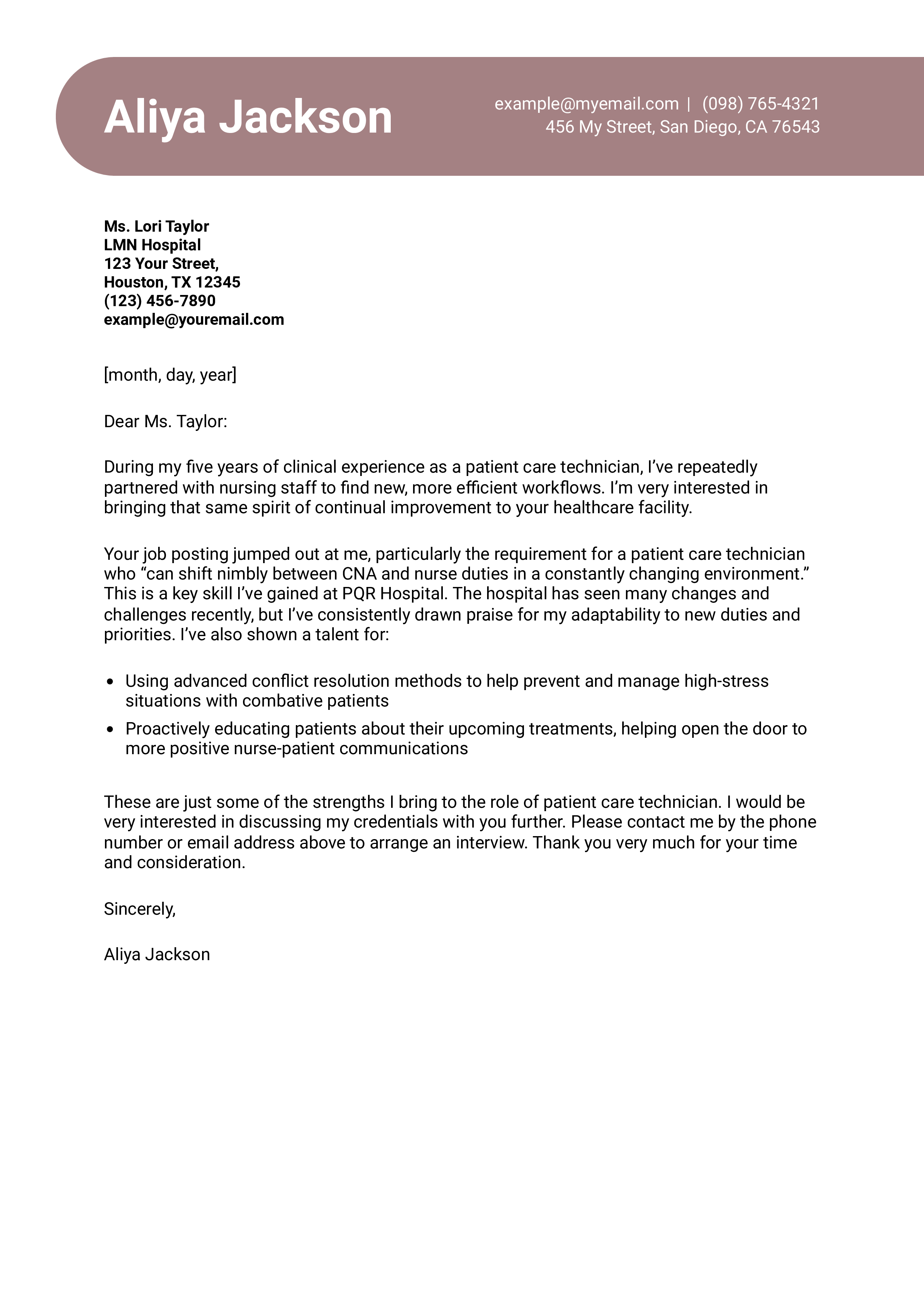 Patient Care Technician Cover Letter Examples and Templates for 2024 ...