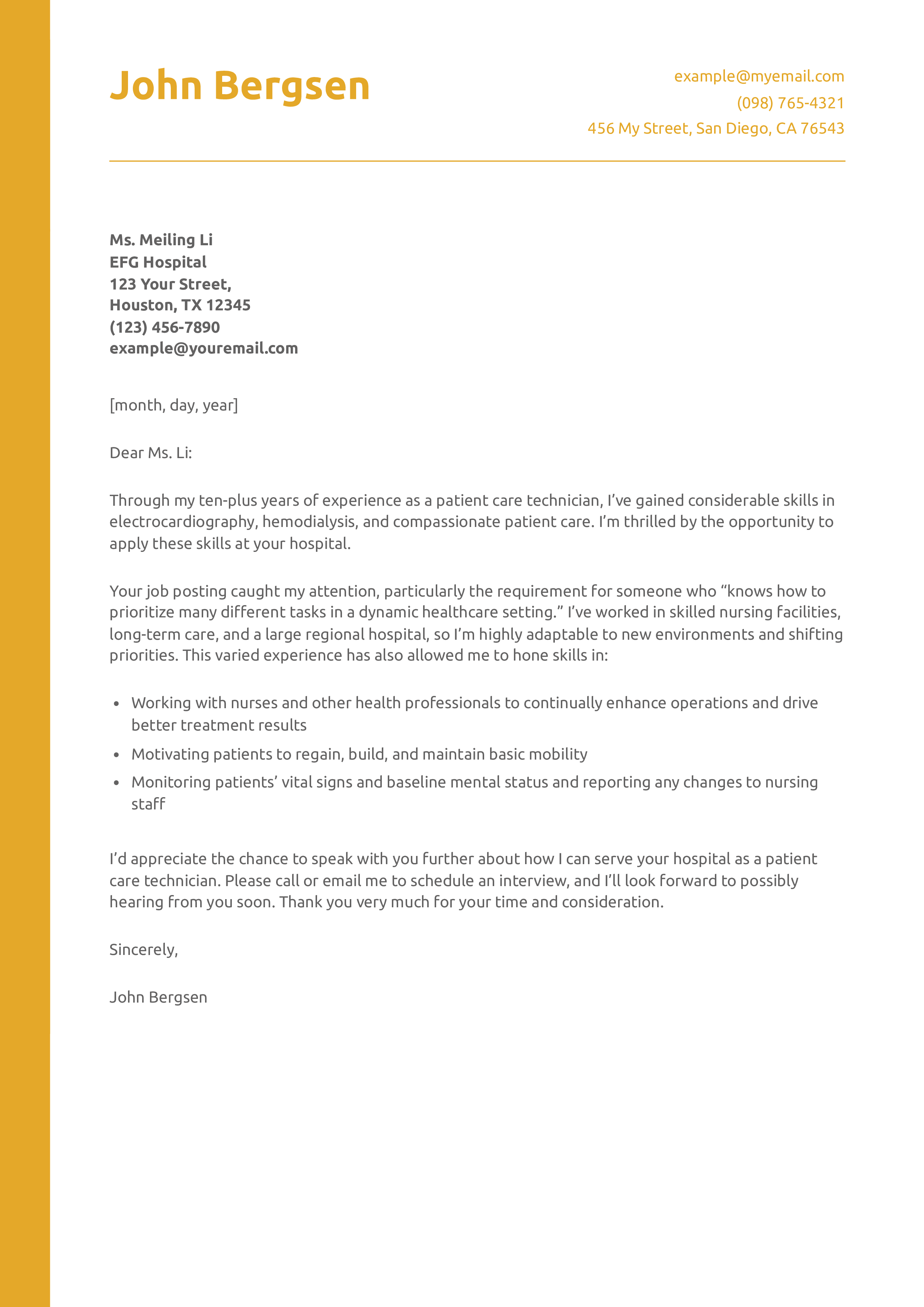 Patient Care Technician Cover Letter Examples and Templates for 2024 ...