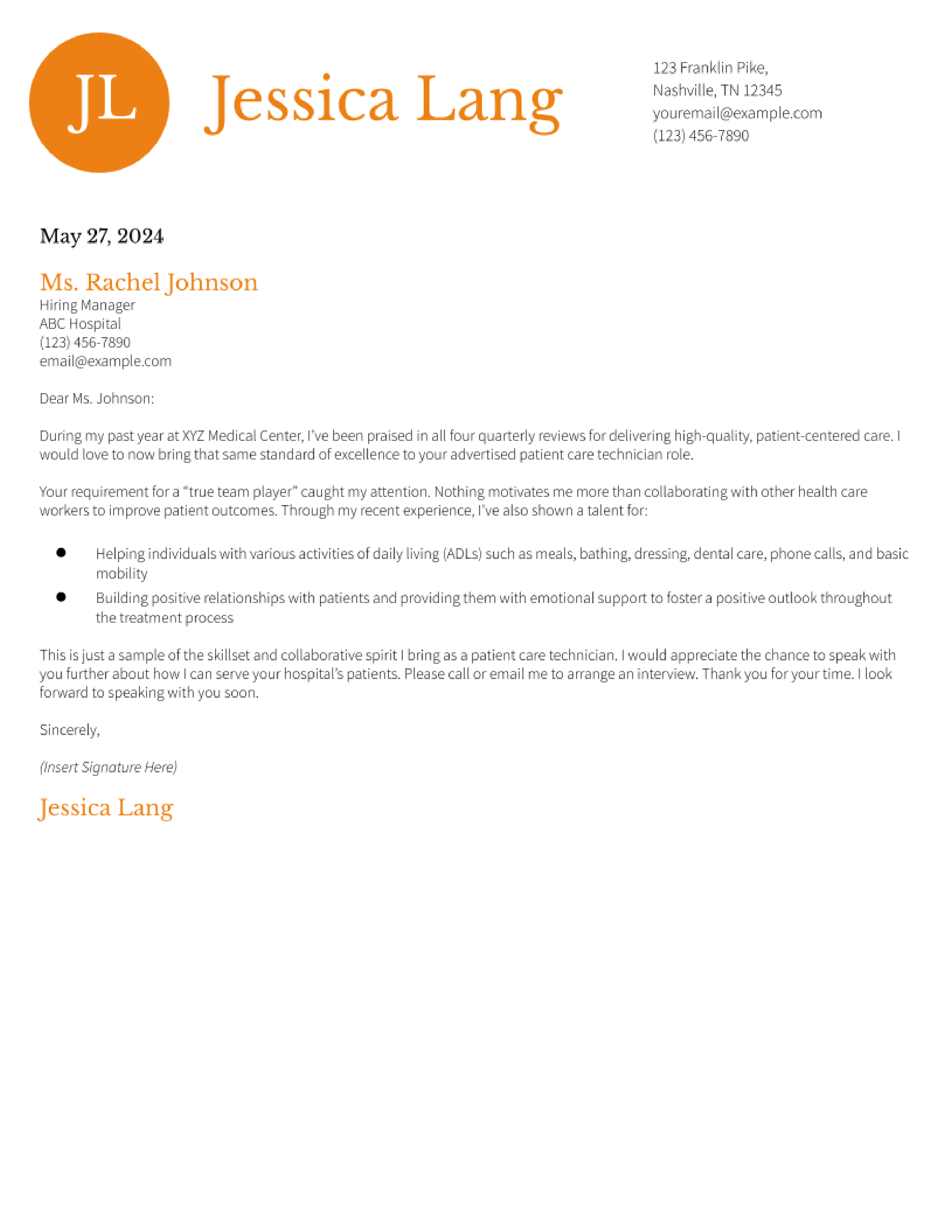 Patient Care Technician Cover Letter Examples and Templates for 2024 ...