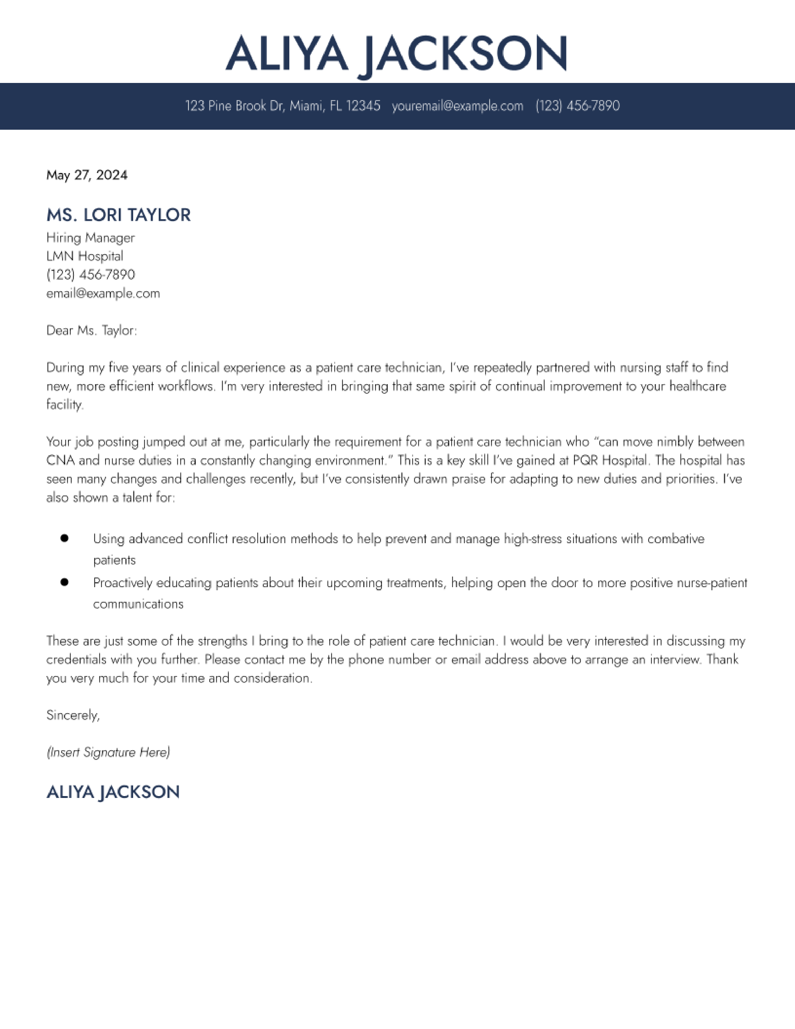 Patient Care Technician Cover Letter Examples and Templates for 2024 ...