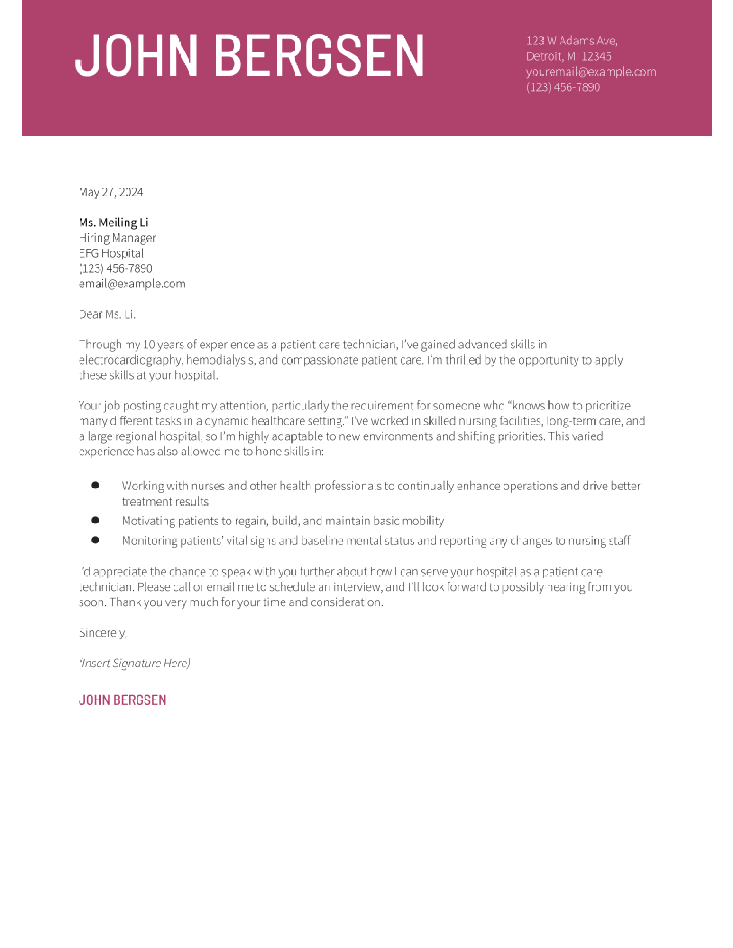 Patient Care Technician Cover Letter Examples and Templates for 2024 ...