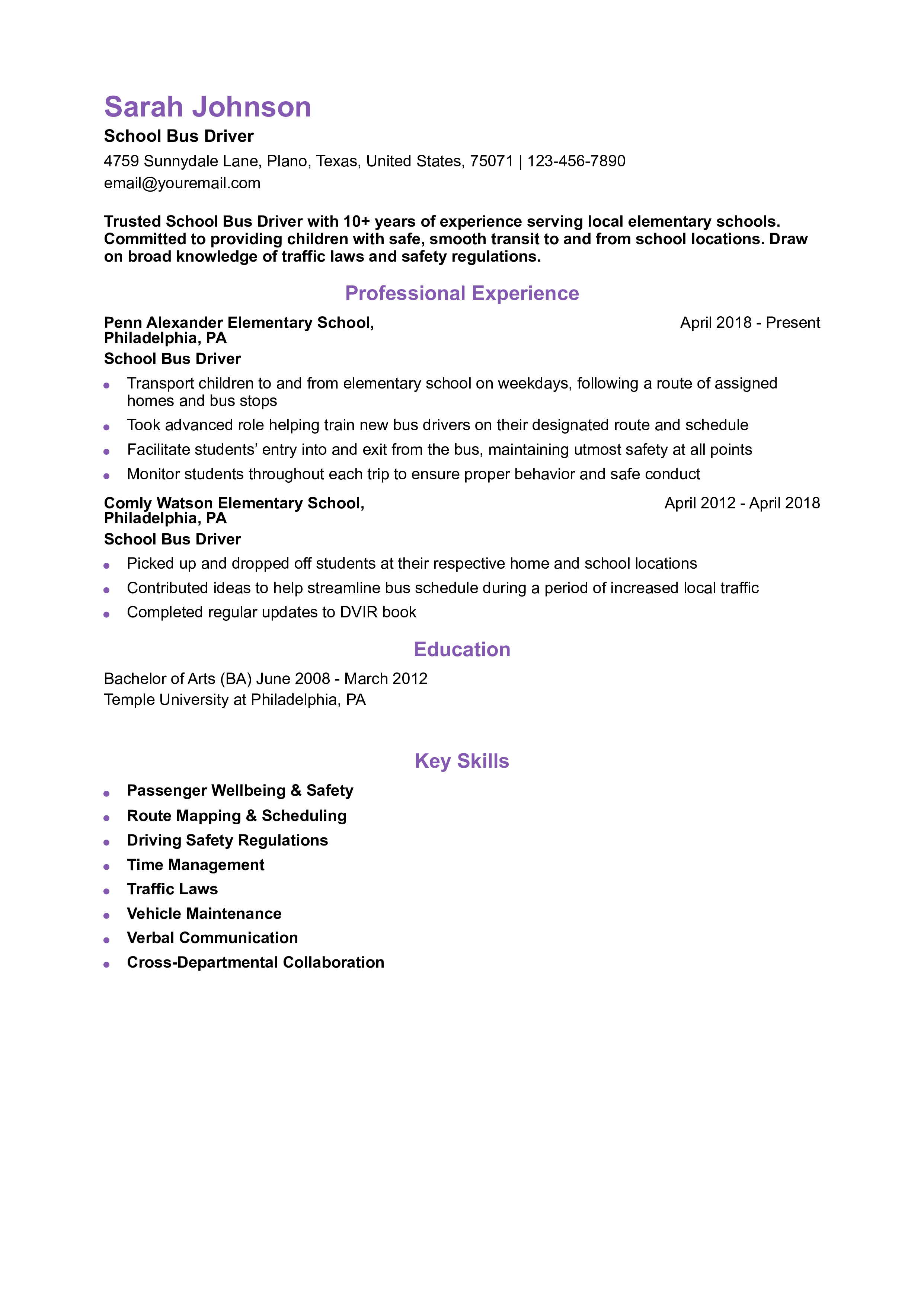 School Bus Driver Resume Examples and Templates for 2024 ...