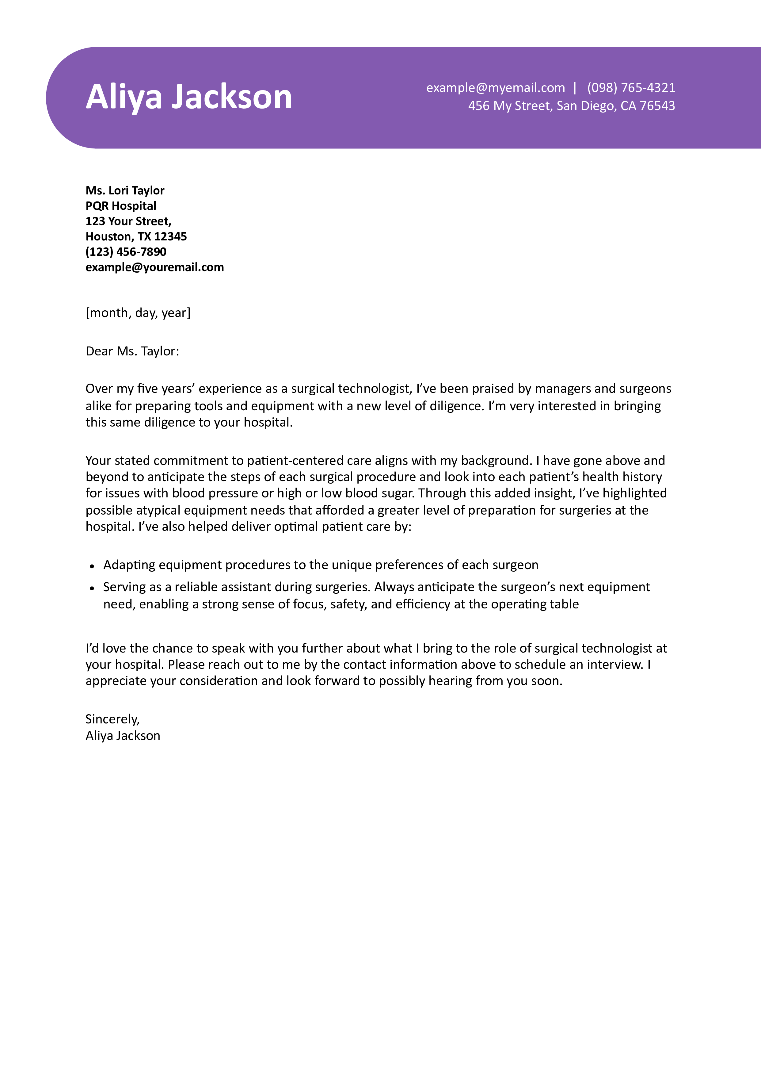 Surgical Technologist Cover Letter Examples and Templates for 2024 ...