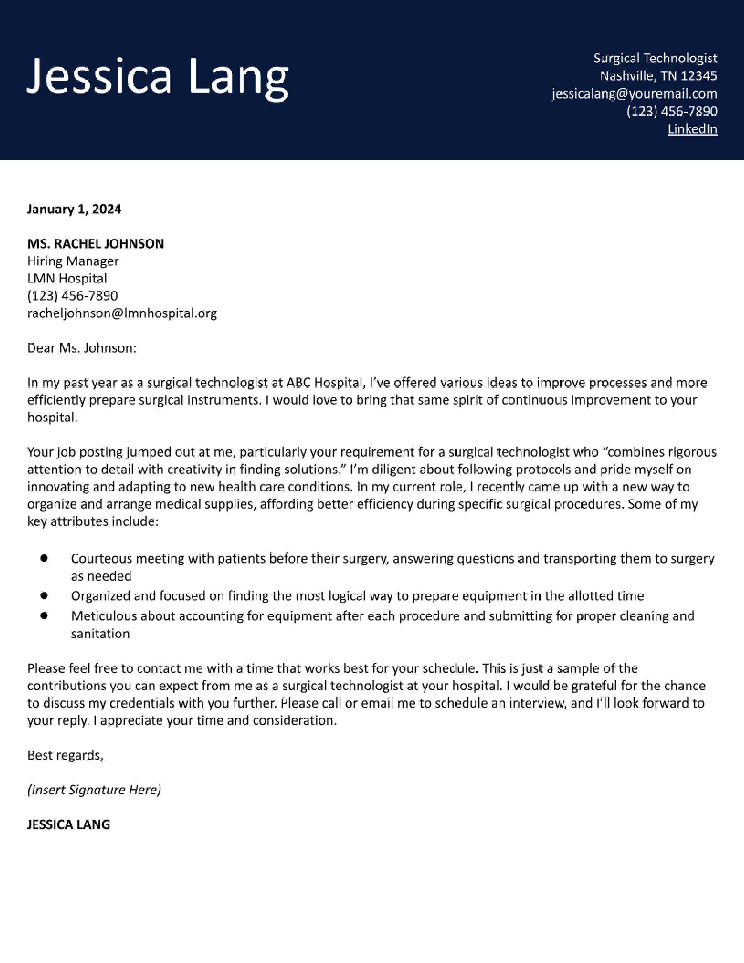 Surgical Technologist Cover Letter Examples and Templates for 2024 ...