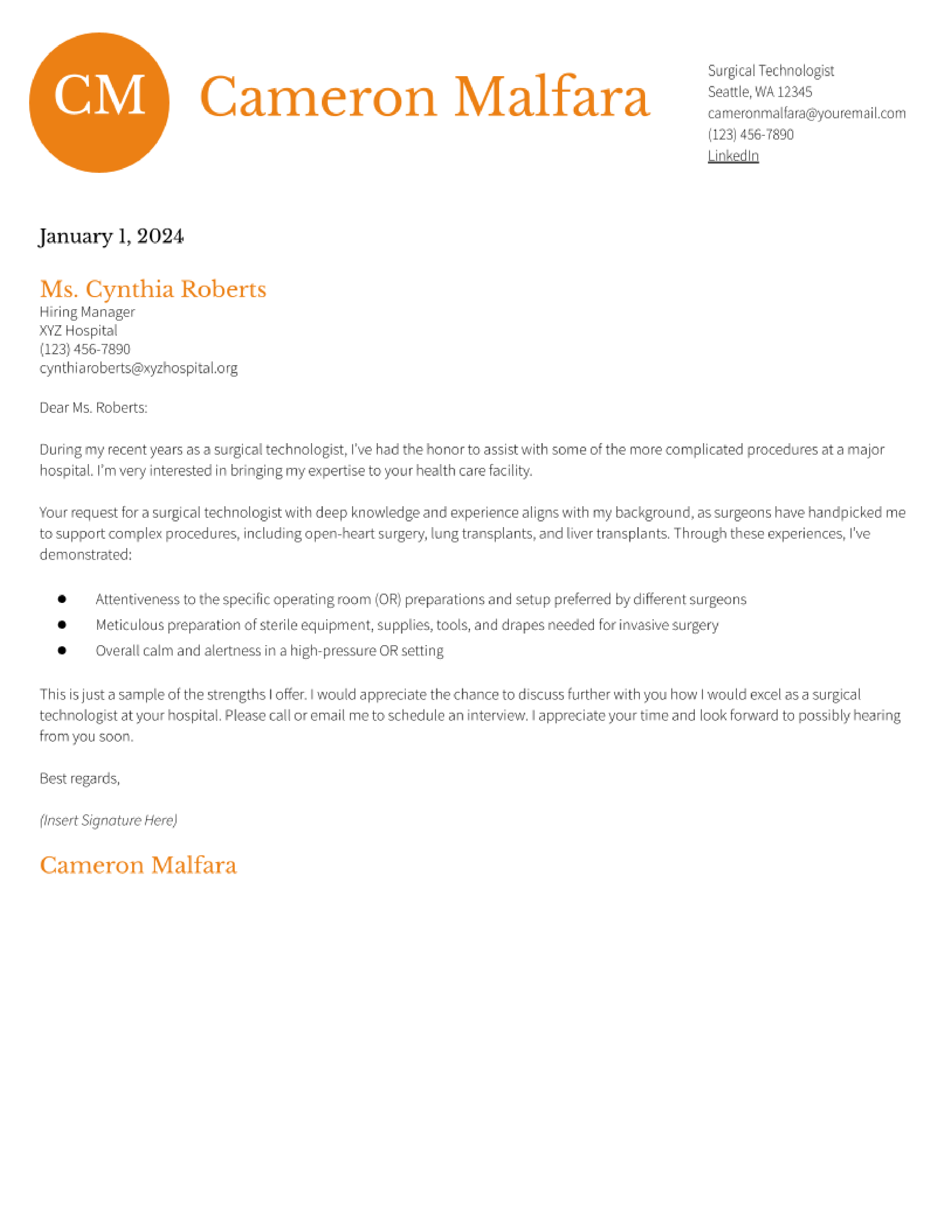 Surgical Technologist Cover Letter Examples and Templates for 2024 ...
